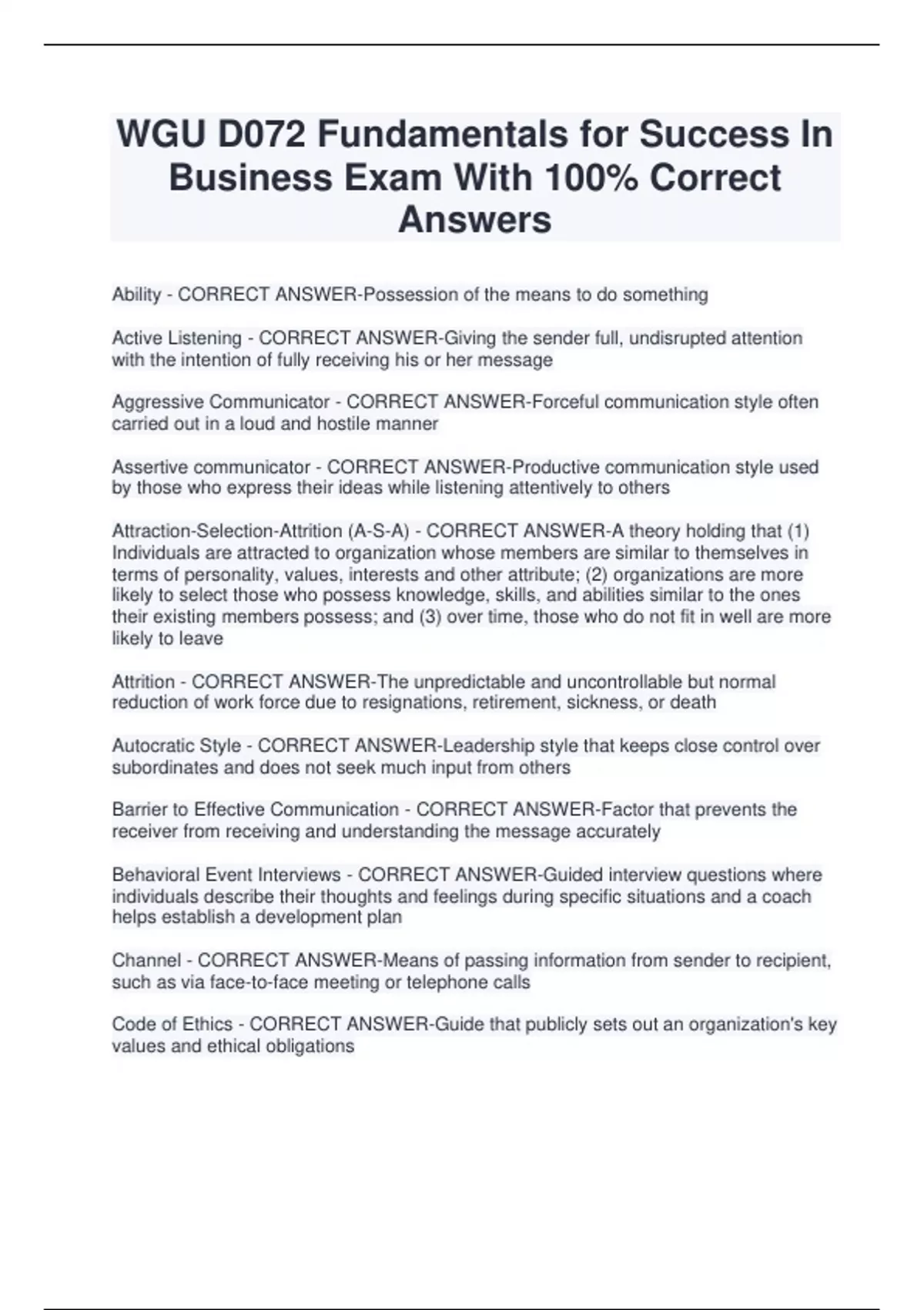 WGU D072 Fundamentals for Success In Business Exam With 100% Correct Answers - WGU D072 - Stuvia US