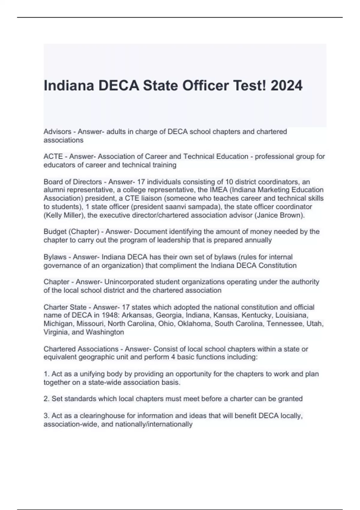 Indiana DECA State Officer Test! 2024 Questions and Answers - DECA ...