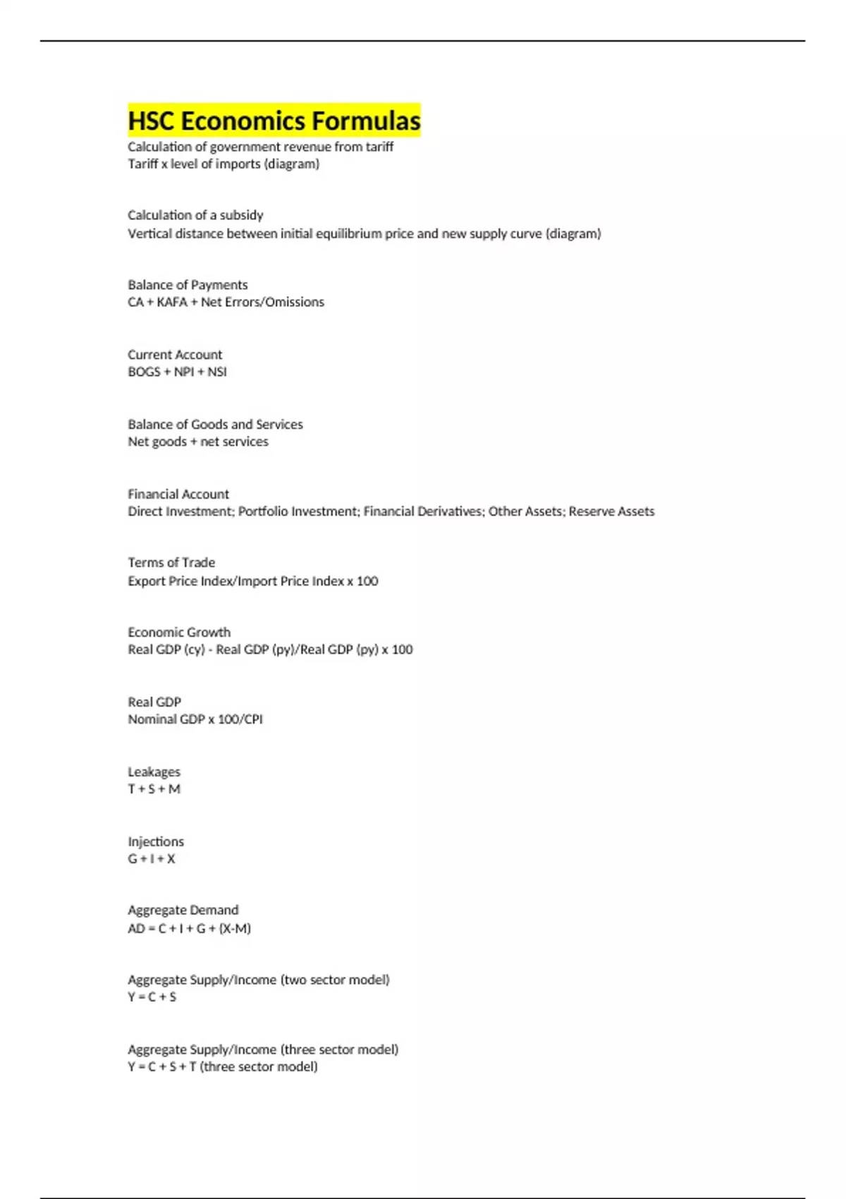 HSC Economics Formulas Calculation - HSC - Stuvia US
