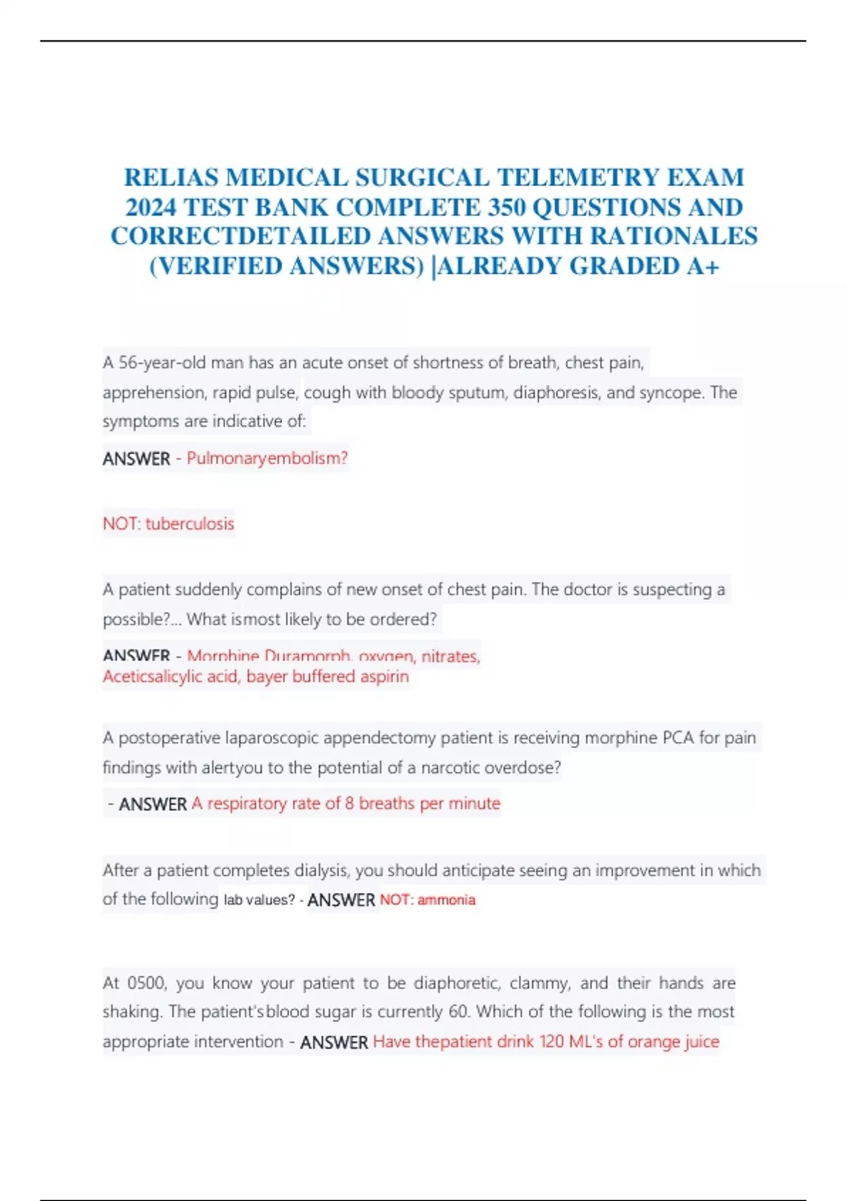 RELIAS MEDICAL SURGICAL TELEMETRY EXAM 2024 TEST BANK COMPLETE 350 ...