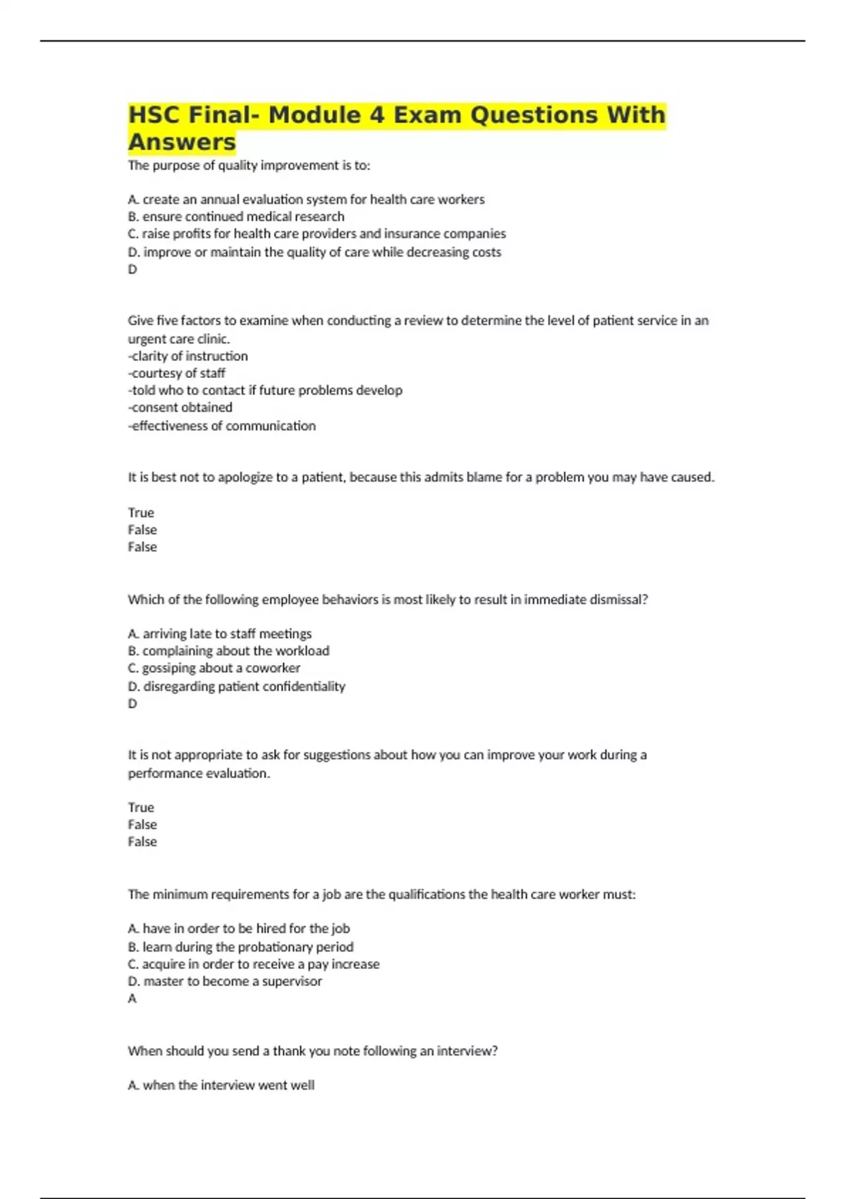HSC Final- Module 4 Exam Questions With Answers - HSC - Stuvia US