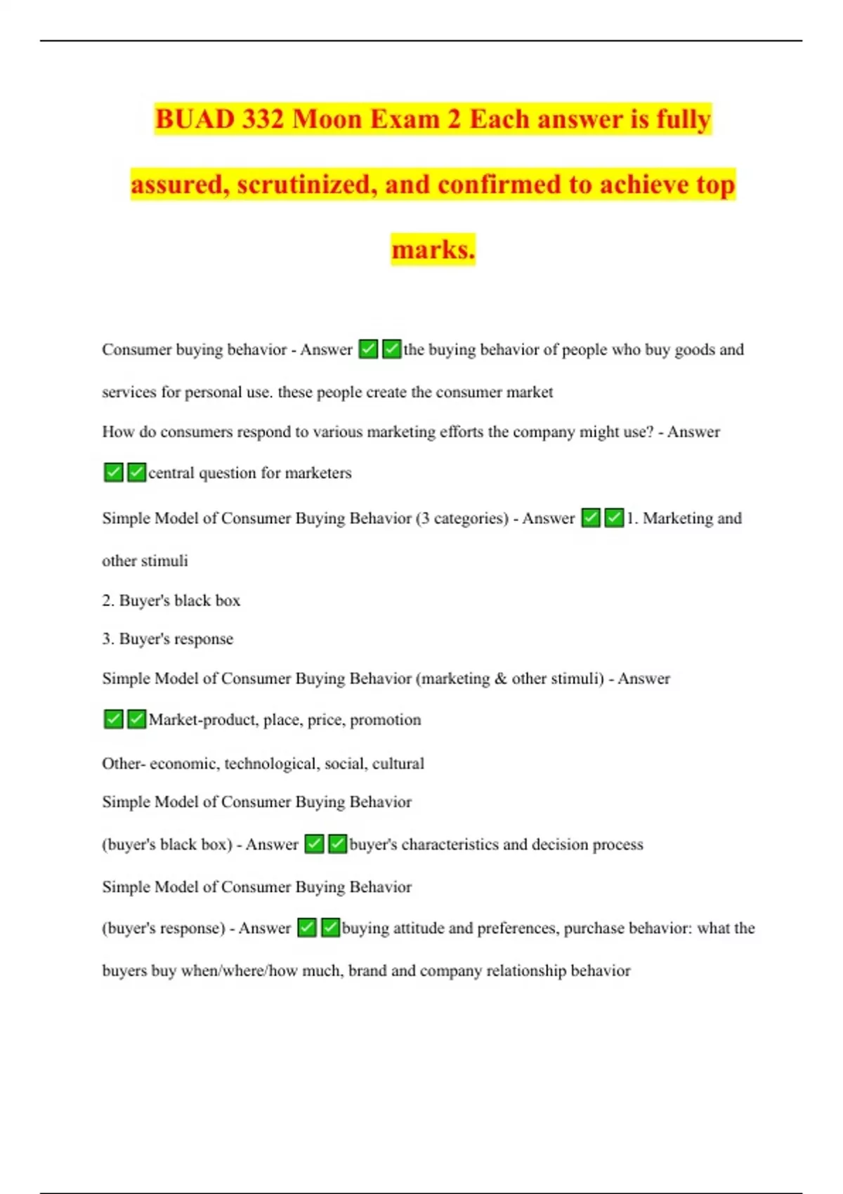 BUAD 332 Moon Exam 2 Each answer is fully assured, scrutinized, and ...