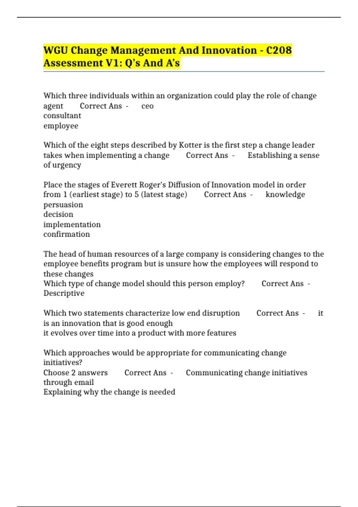 WGU Change Management And Innovation - C208 Assessment V1: Q’s And A’s ...