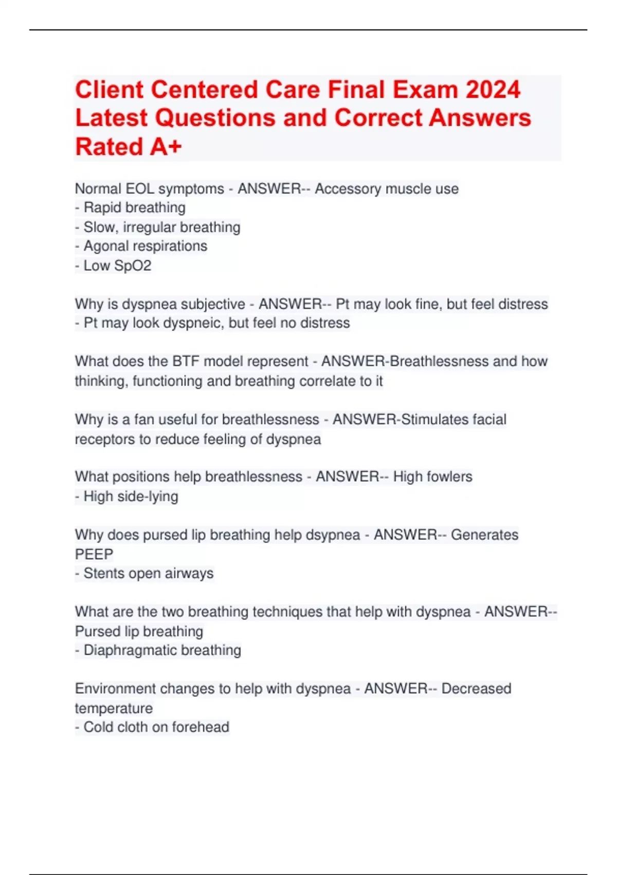 Client Centered Care Final Exam 2024 Latest Questions and Correct ...