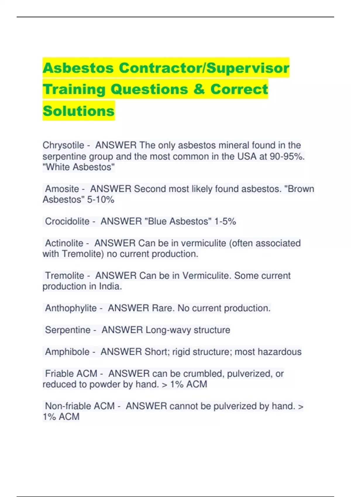 Asbestos Contractor/Supervisor Training Questions & Correct Solutions ...