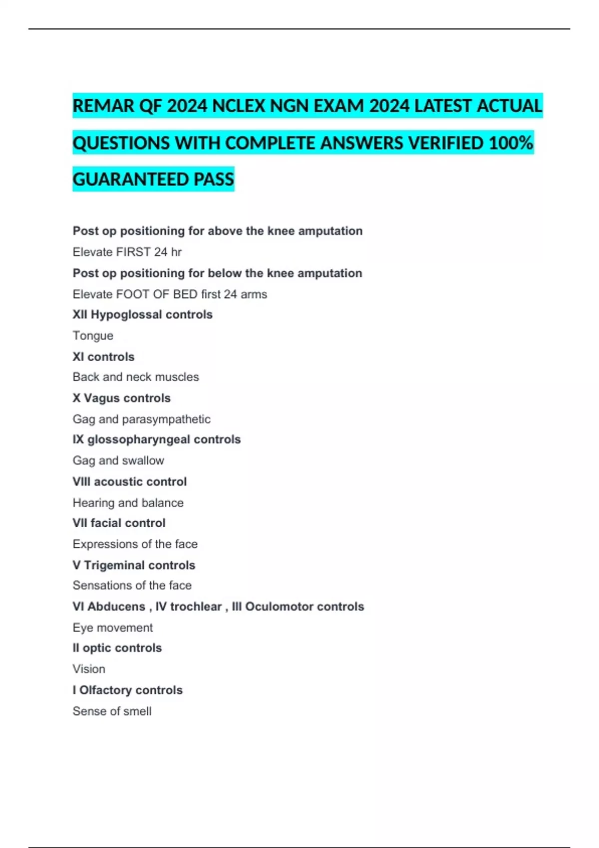 REMAR QF 2024 NCLEX NGN EXAM 2024 LATEST ACTUAL QUESTIONS WITH COMPLETE ...