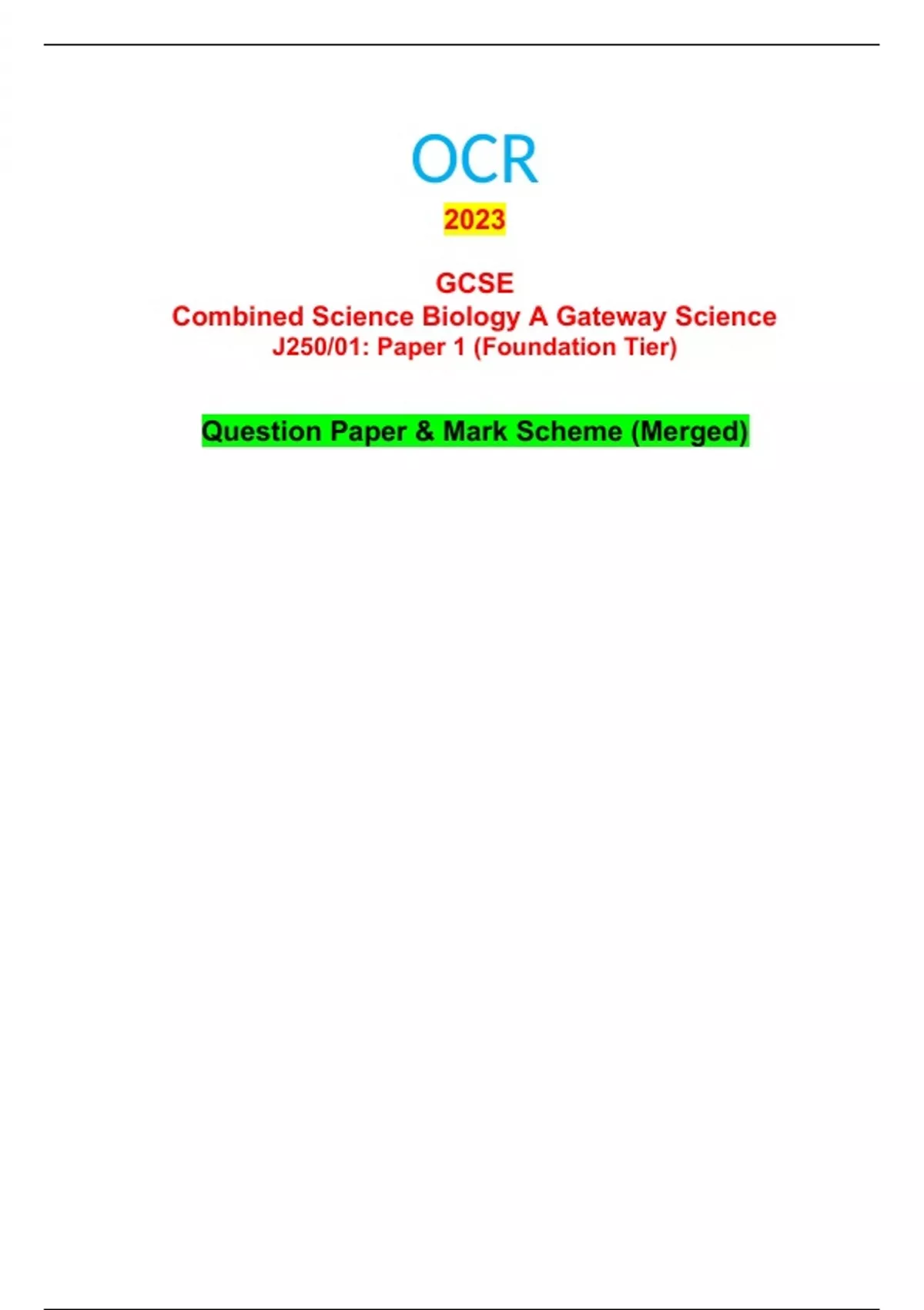 OCR 2023 GCSE Combined Science Biology A Gateway Science J250/01: Paper ...