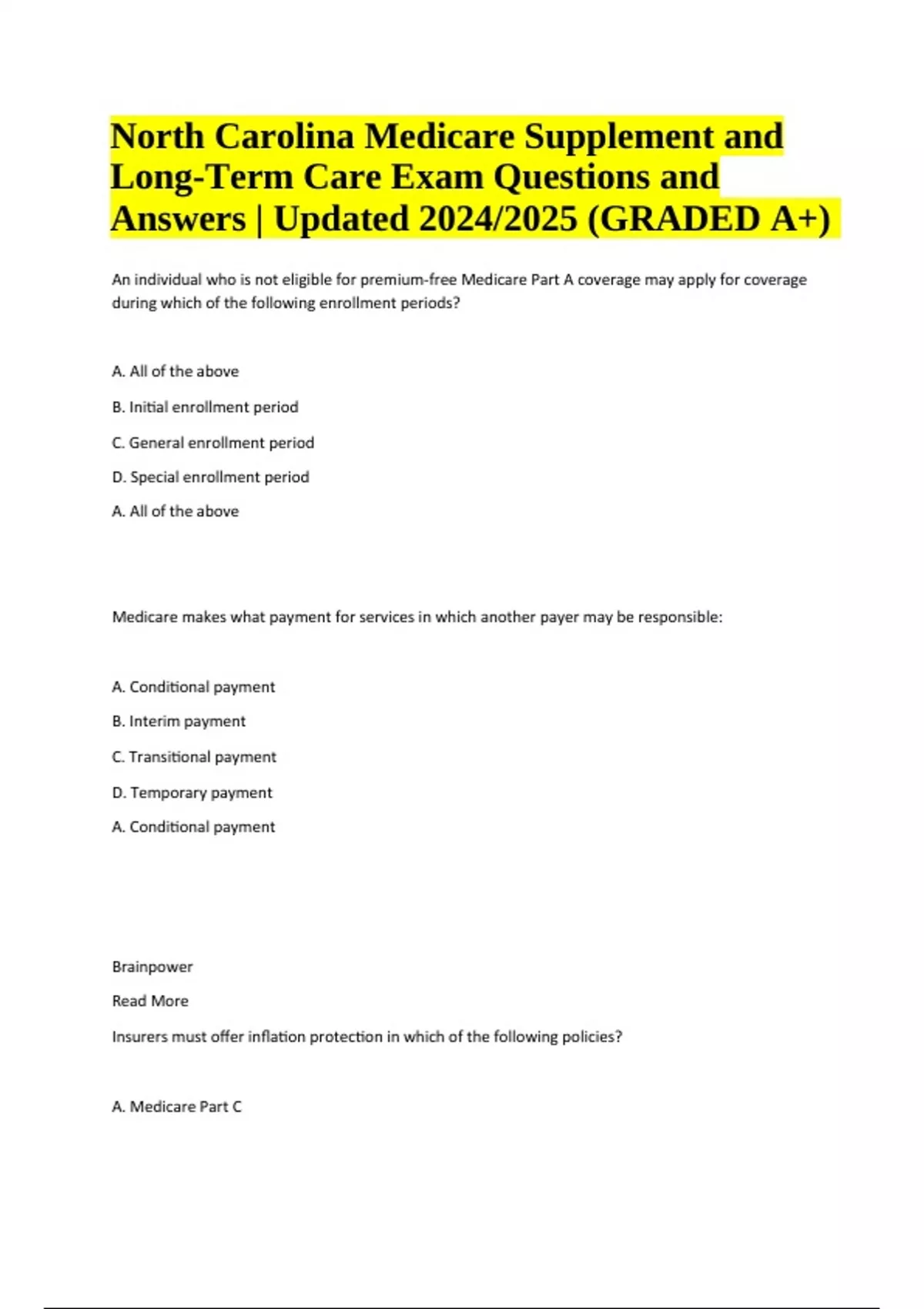 North Carolina Medicare Supplement and Long-Term Care Exam Questions ...
