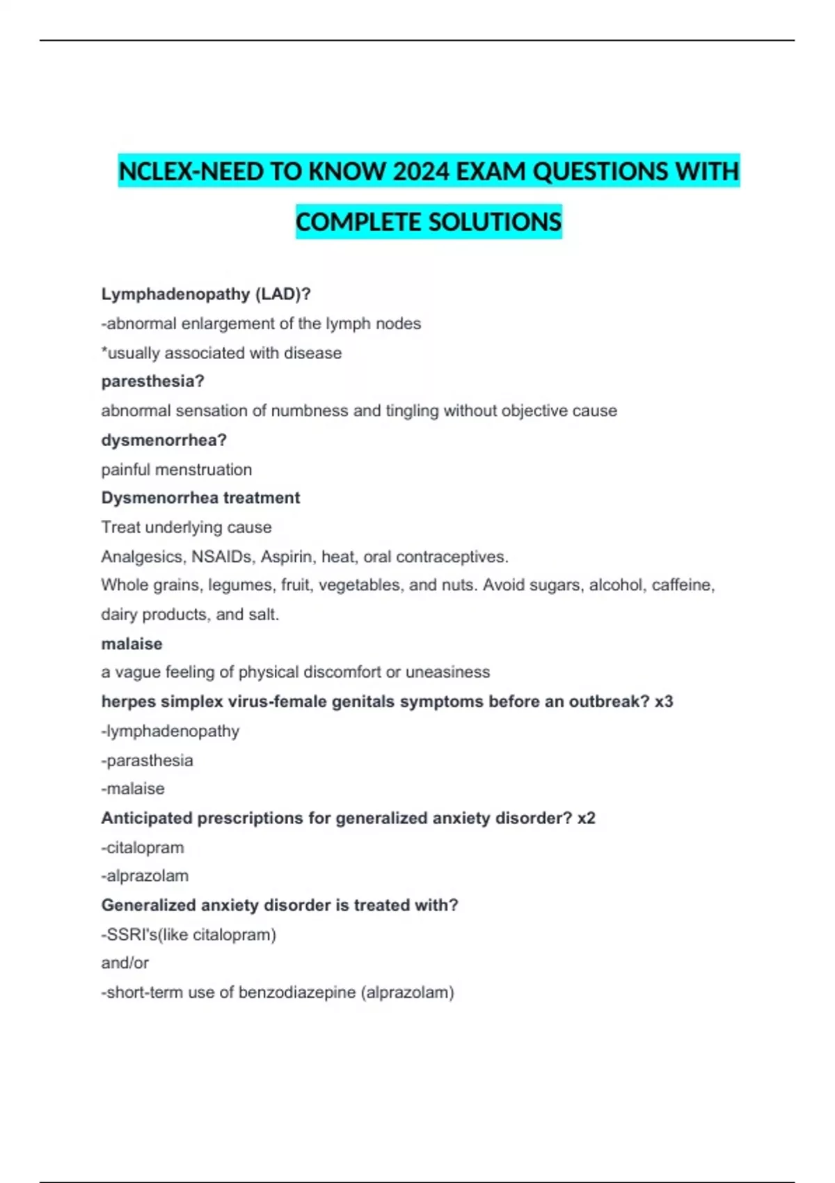 NCLEX-NEED TO KNOW 2024 EXAM QUESTIONS WITH COMPLETE SOLUTIONS - NCLEX ...