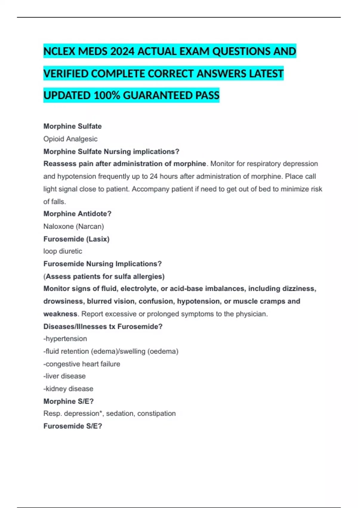 NCLEX MEDS 2024 ACTUAL EXAM QUESTIONS AND VERIFIED COMPLETE CORRECT ...