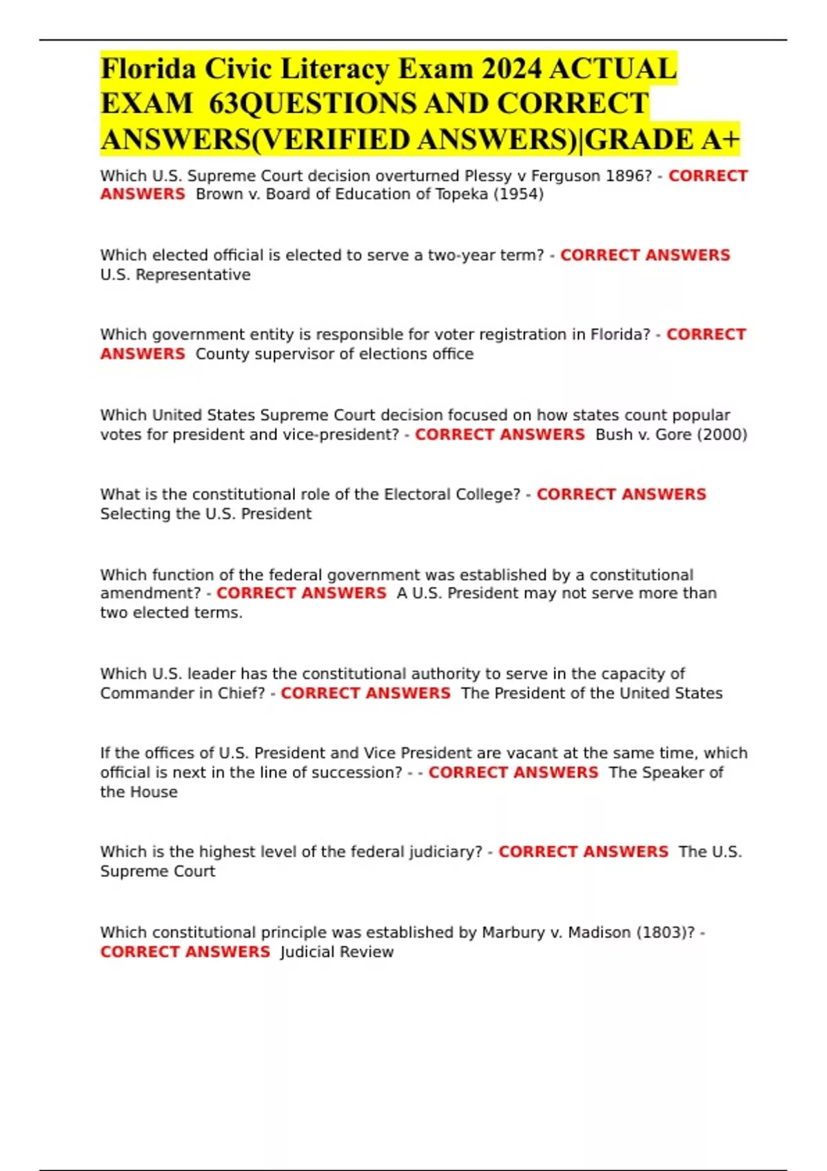 Florida Civic Literacy Exam 2024 ACTUAL EXAM 63QUESTIONS AND CORRECT ...