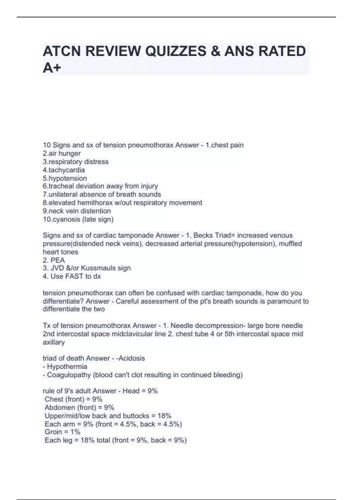 ATCN REVIEW QUIZZES & ANS RATED A+ - ATCN - Stuvia US
