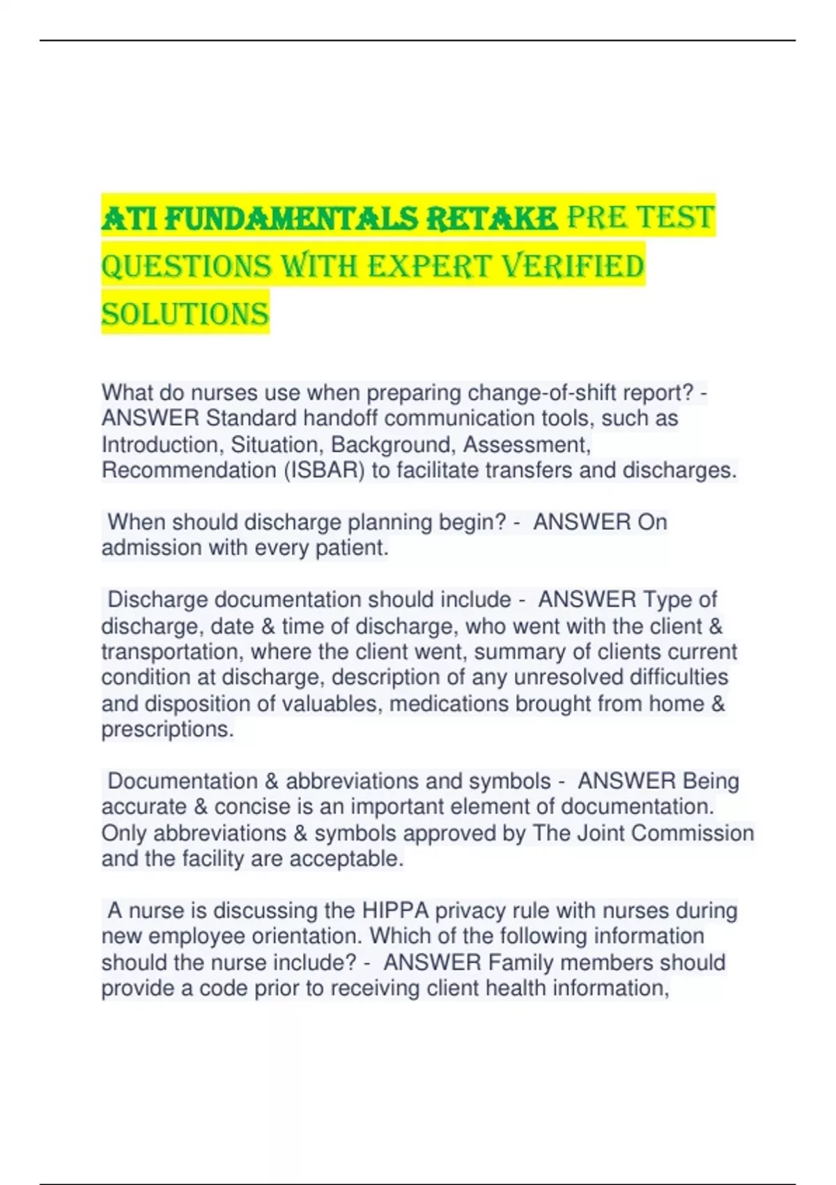 ATI Fundamentals Retake PRE Test Questions With Expert Verified ...