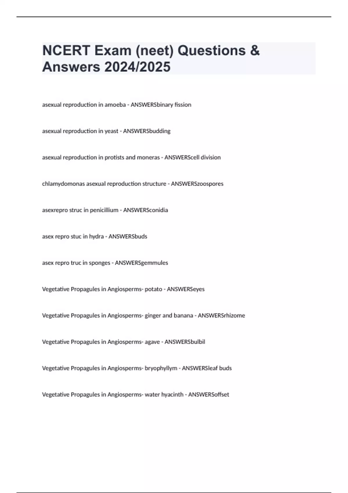 NCERT Exam (neet) Questions & Answers 2024/2025 - NCERT - Stuvia US