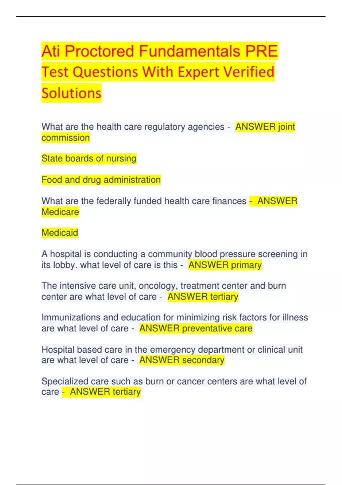 Ati Proctored Fundamentals PRE Test Questions With Expert Verified ...