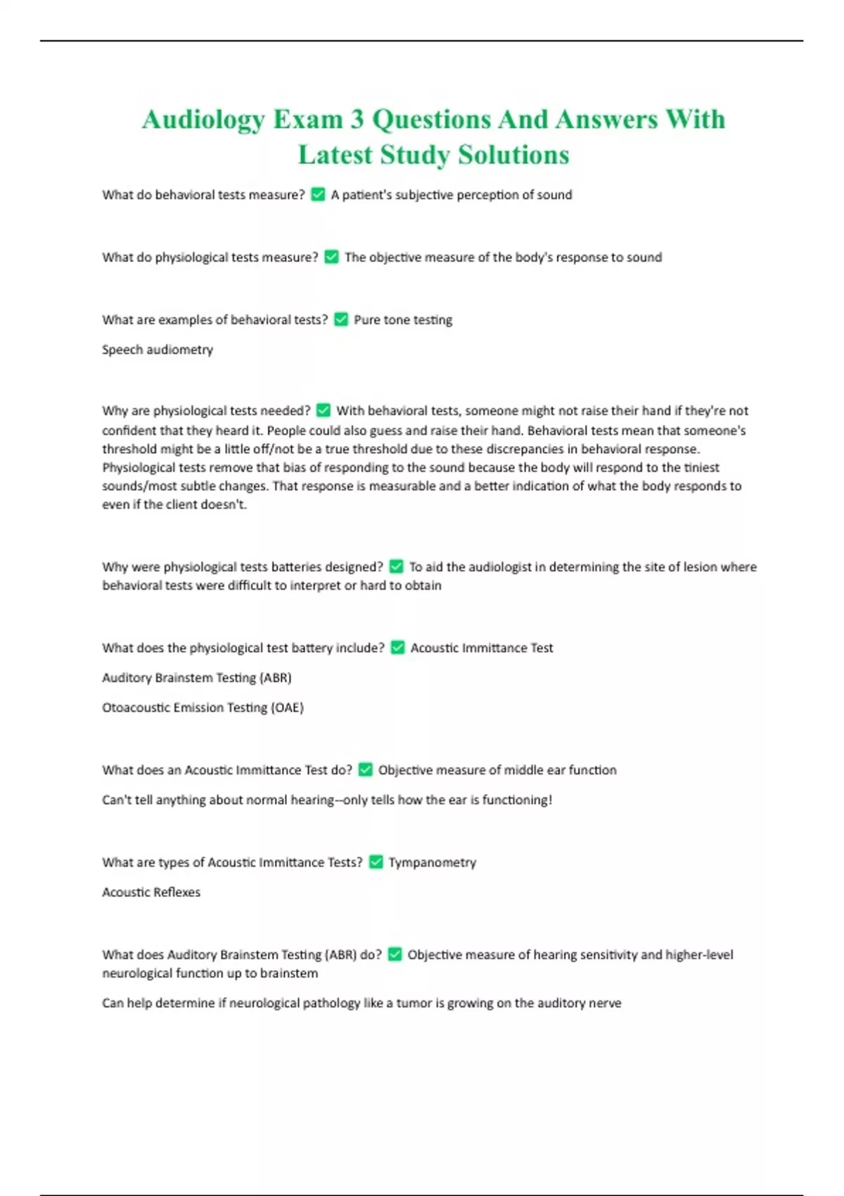 Audiology Exam 3 Questions And Answers With Latest Study Solutions ...