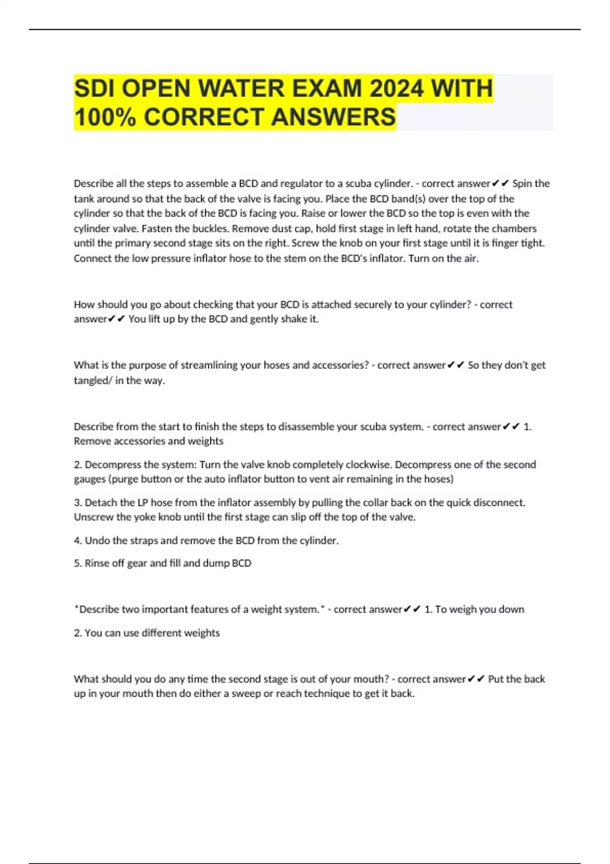 SDI OPEN WATER EXAM 2024 WITH 100% CORRECT ANSWERS - SDI OPEN WATER ...
