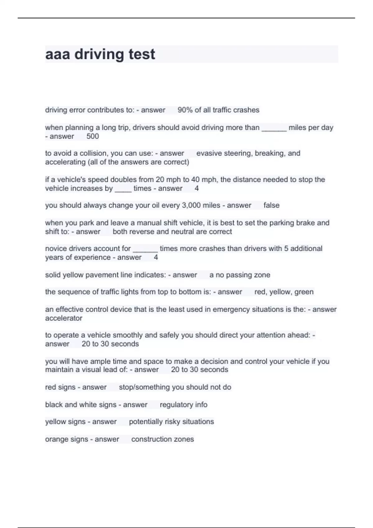aaa driving test questions with correct answers 2024 - AAA - Stuvia US