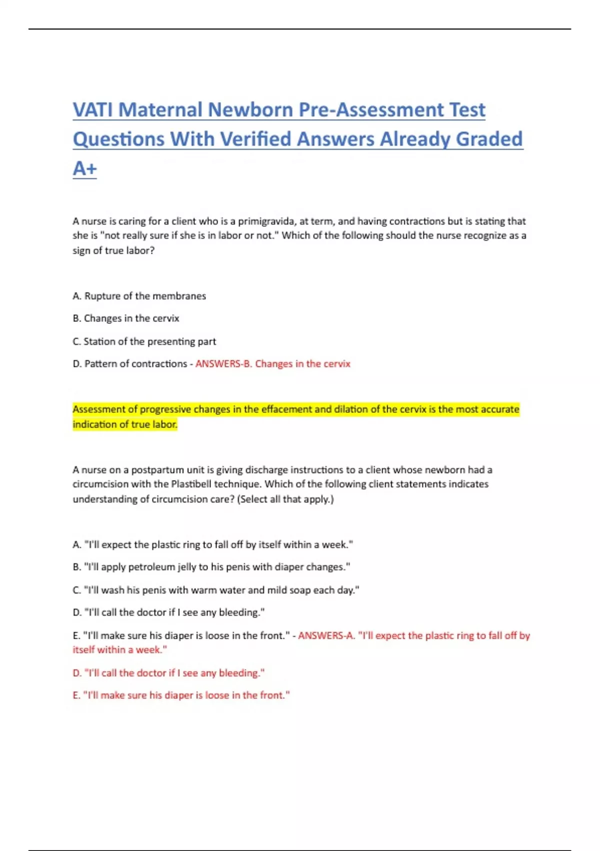 VATI Maternal Newborn Pre-Assessment Test Questions With Verified ...