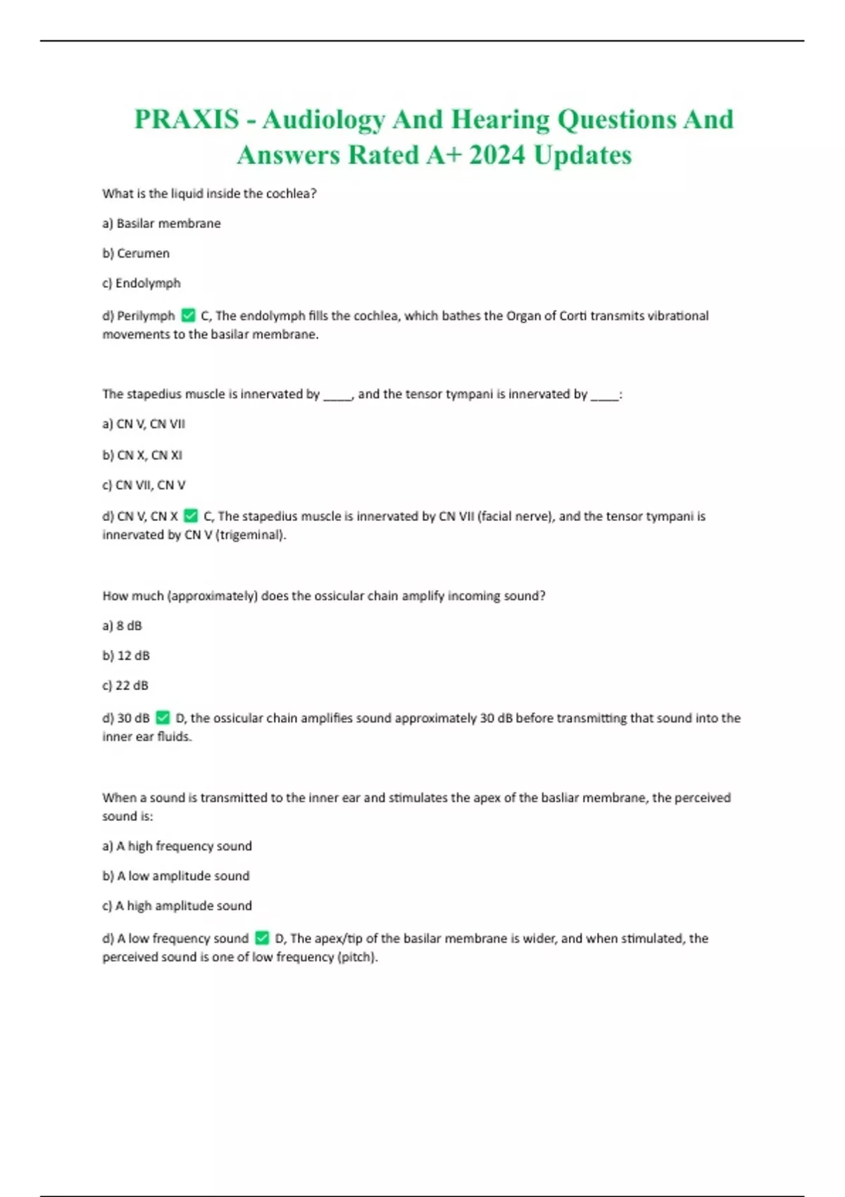 PRAXIS - Audiology And Hearing Questions And Answers Rated A+ 2024 ...