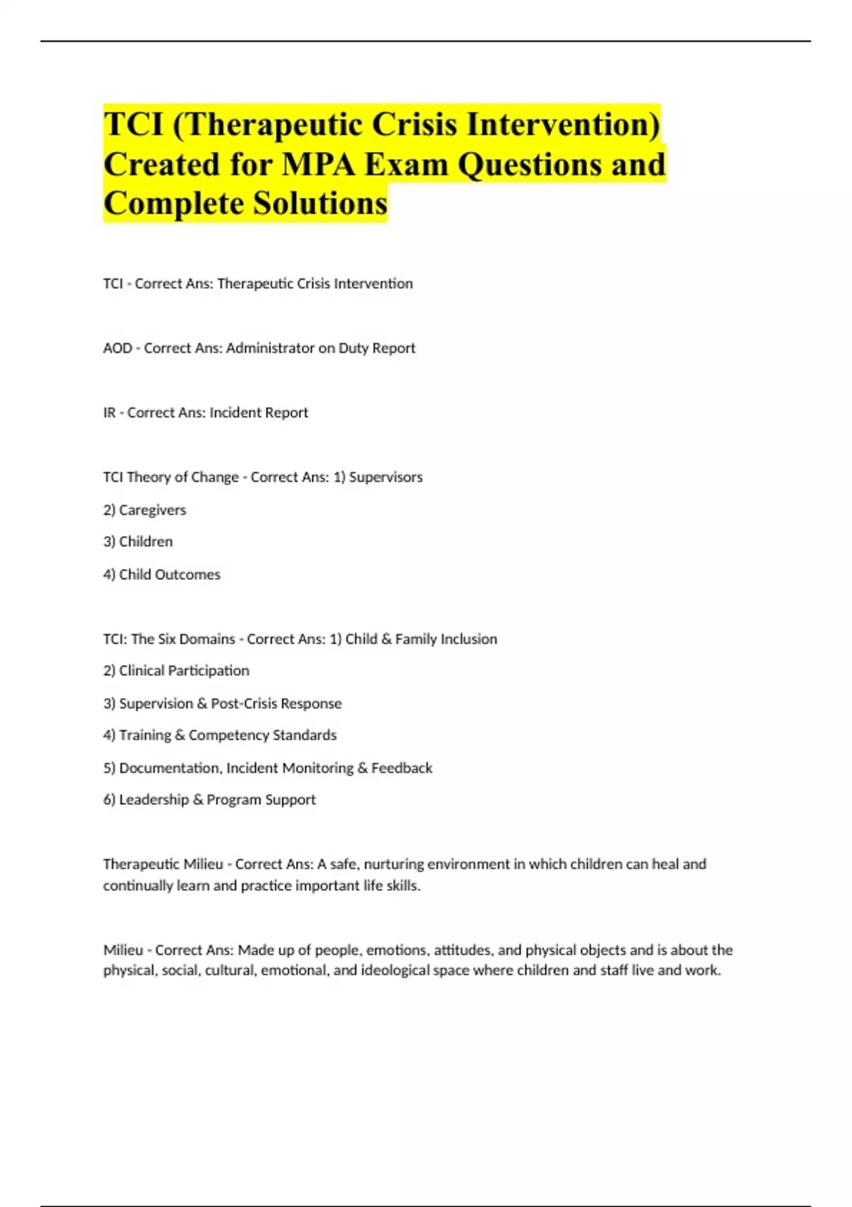 TCI (Therapeutic Crisis Intervention) Created for MPA Exam Questions ...
