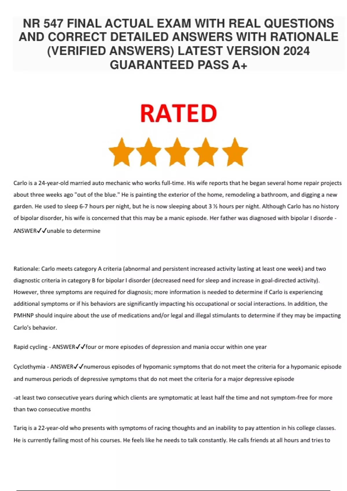 NR 547 FINAL ACTUAL EXAM WITH REAL QUESTIONS AND CORRECT DETAILED ANSWERS WITH RATIONALE ...