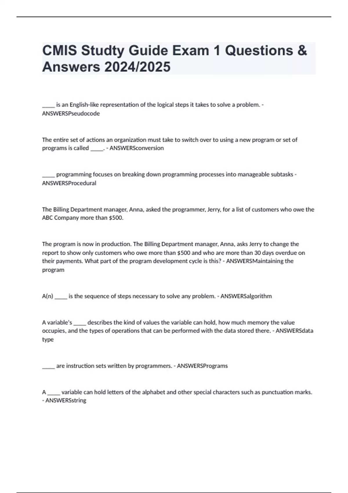 CMIS Studty Guide Exam 1 Questions & Answers 2024/2025 - CMIS - Stuvia US