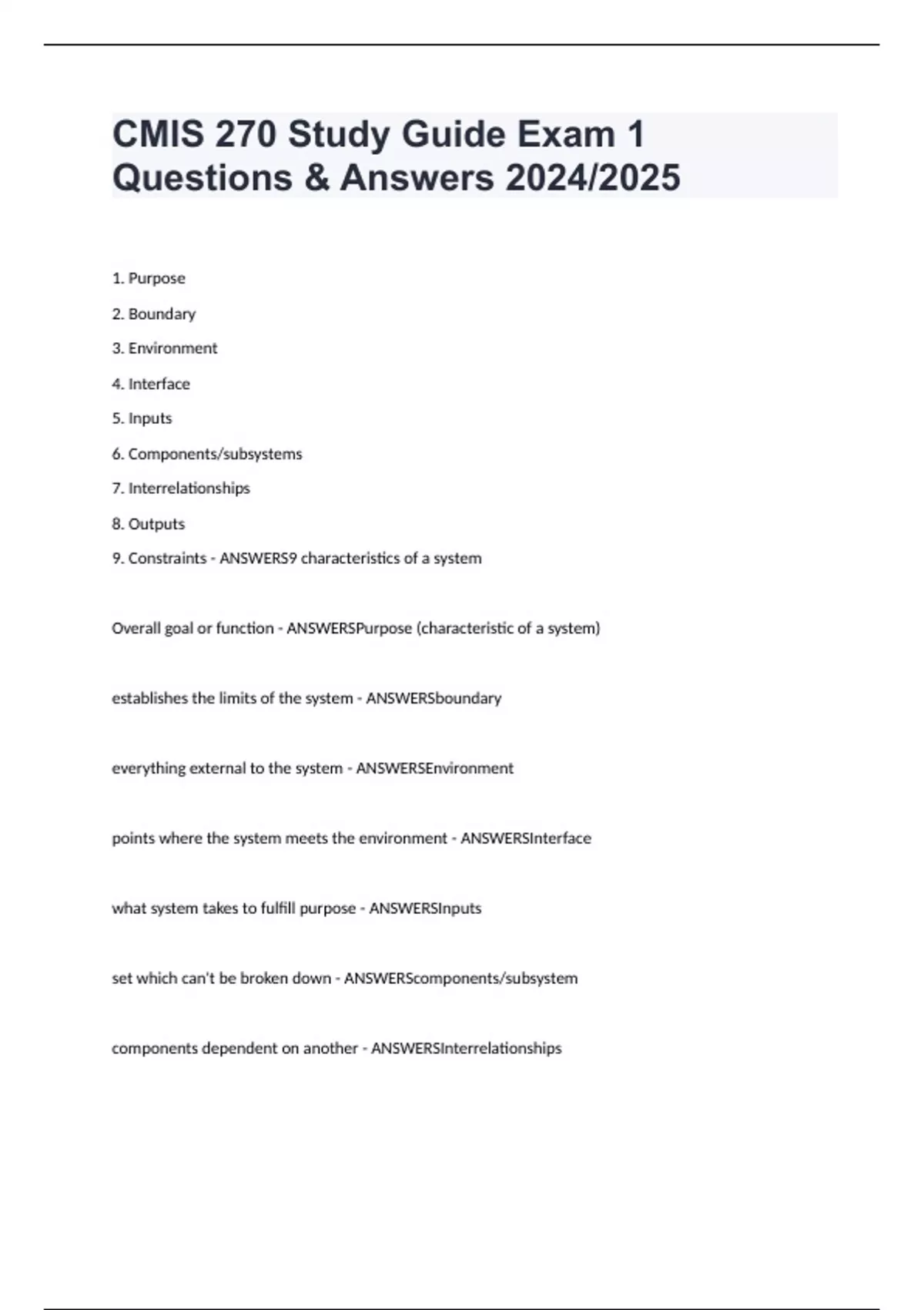 CMIS 270 Study Guide Exam 1 Questions & Answers 2024/2025 - CMIS 270 - Stuvia US