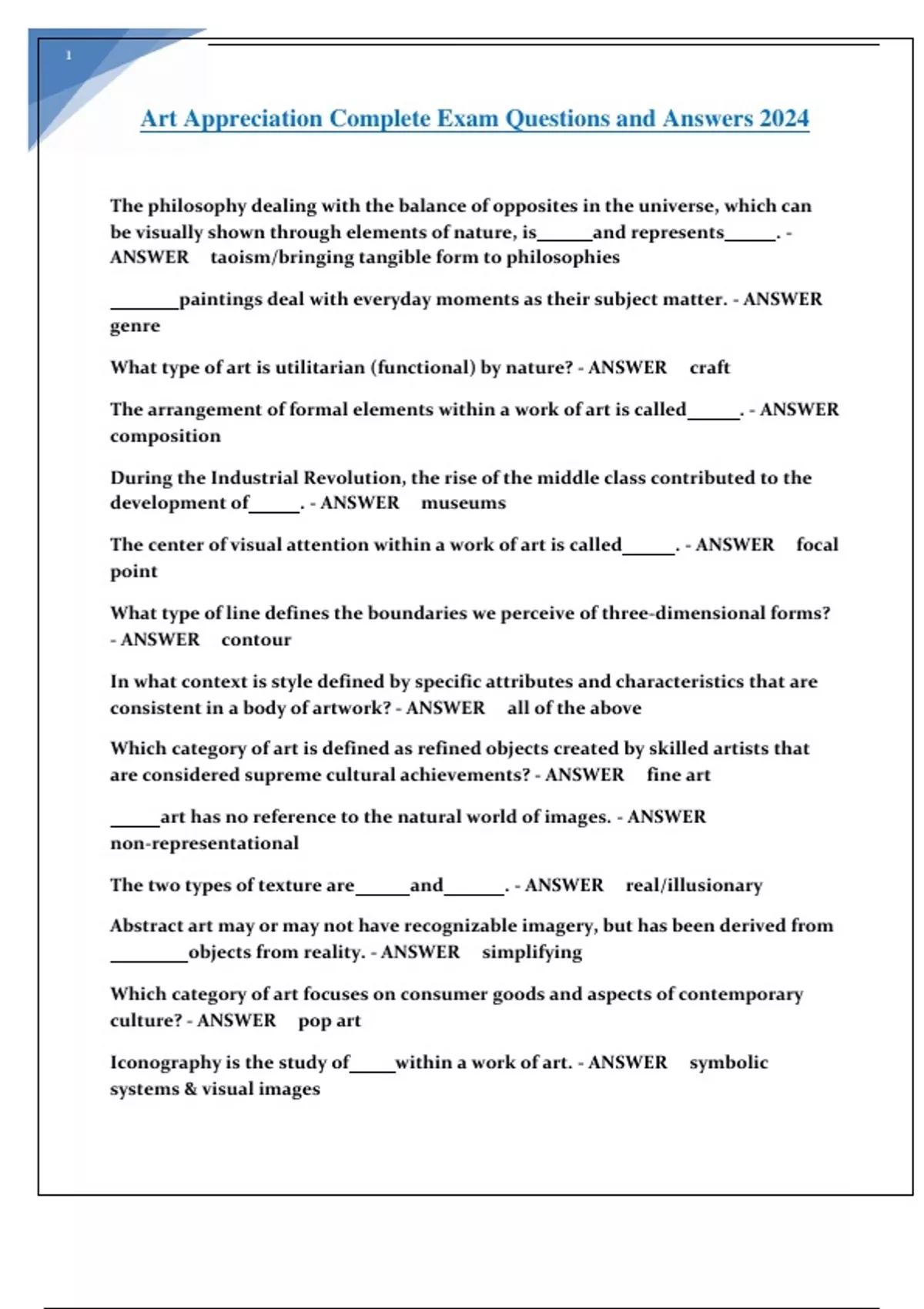 Art Appreciation Exam Questions and Answers 2024. - Stuvia US