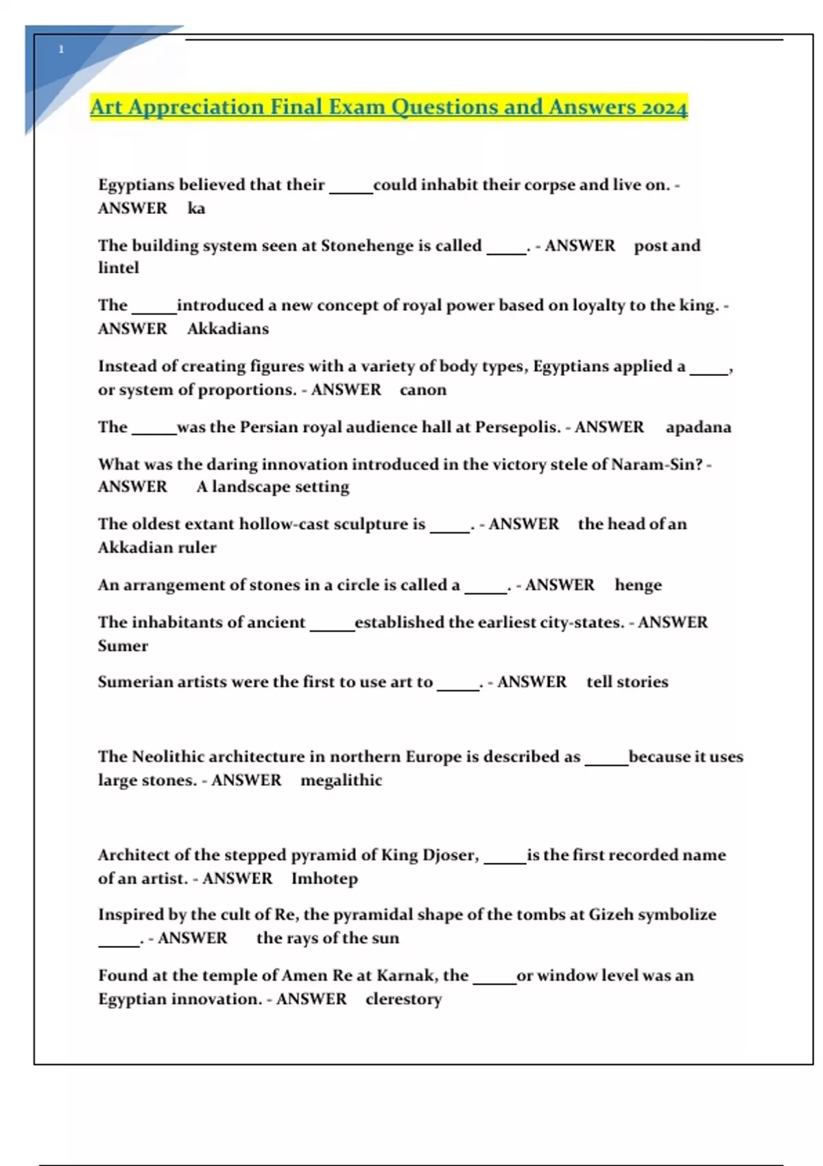 Art Appreciation Final Exam Questions and Answers 2024. - Art ...