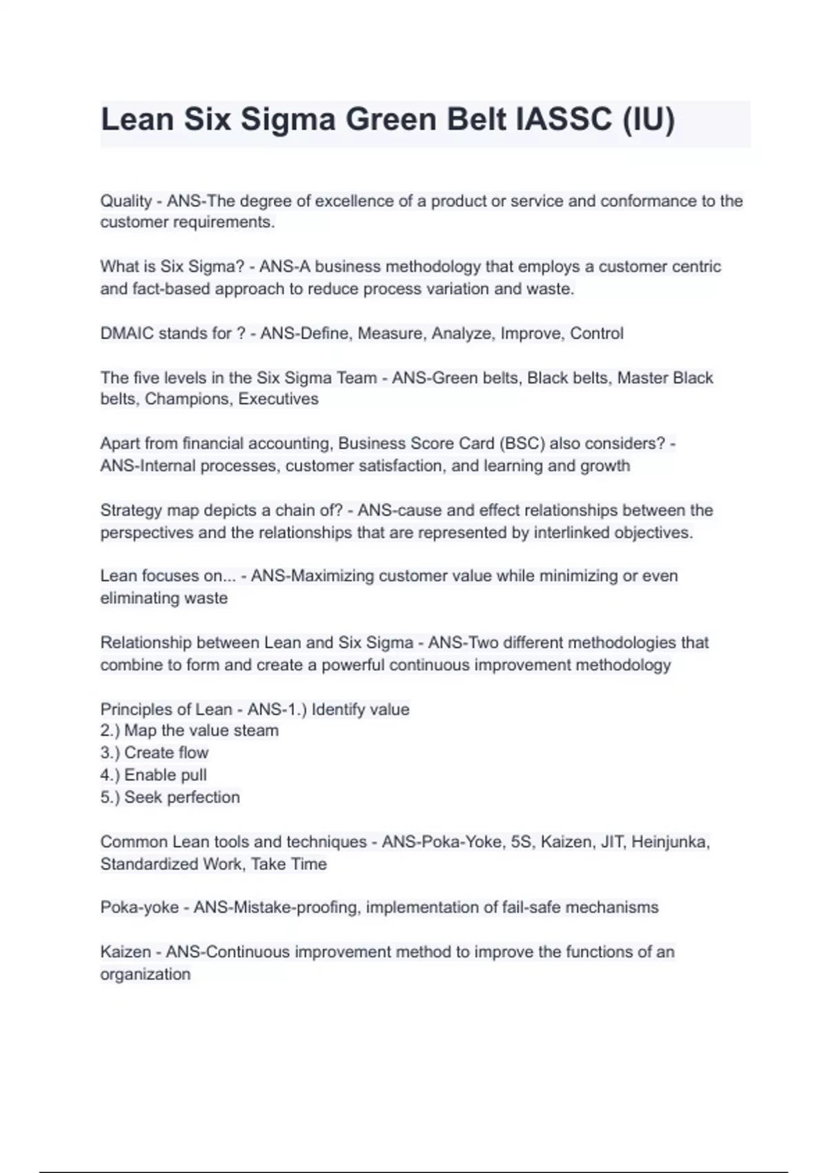 Lean Six Sigma Green Belt IASSC (IU) with complete solution - IASSC ...