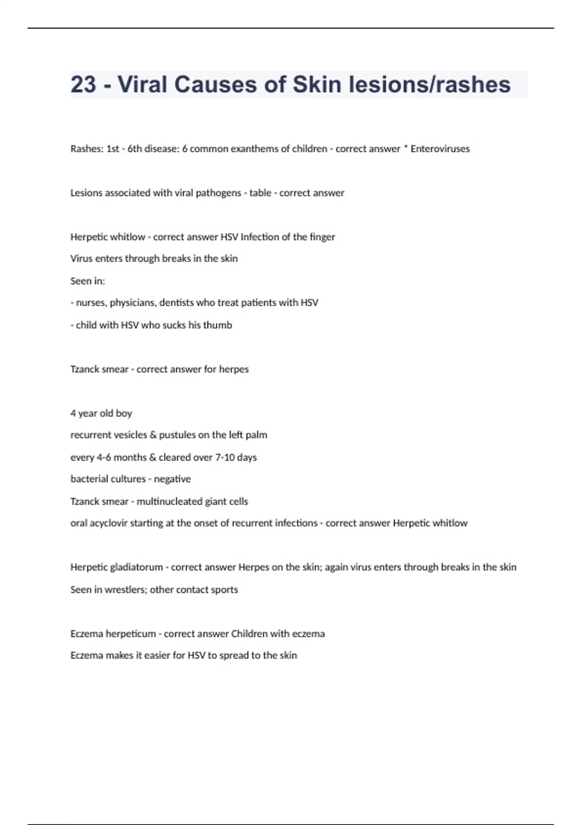 23 - Viral Causes Of Skin lesions Rashes Review Practice Questions 2024 ...