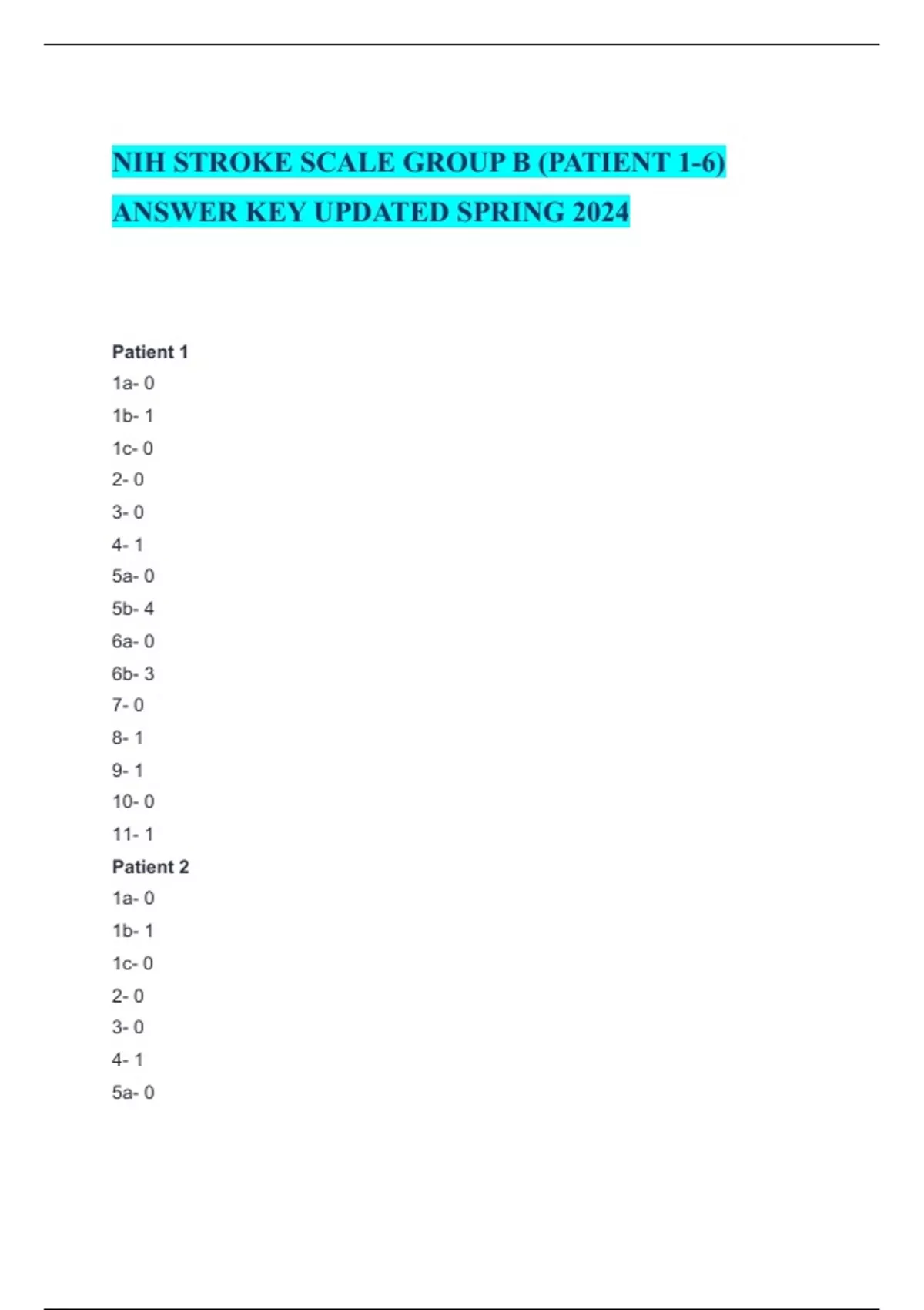 APEX NIH STROKE SCALE GROUP B (PATIENT 1-6) ANSWER KEY UPDATED SPRING ...