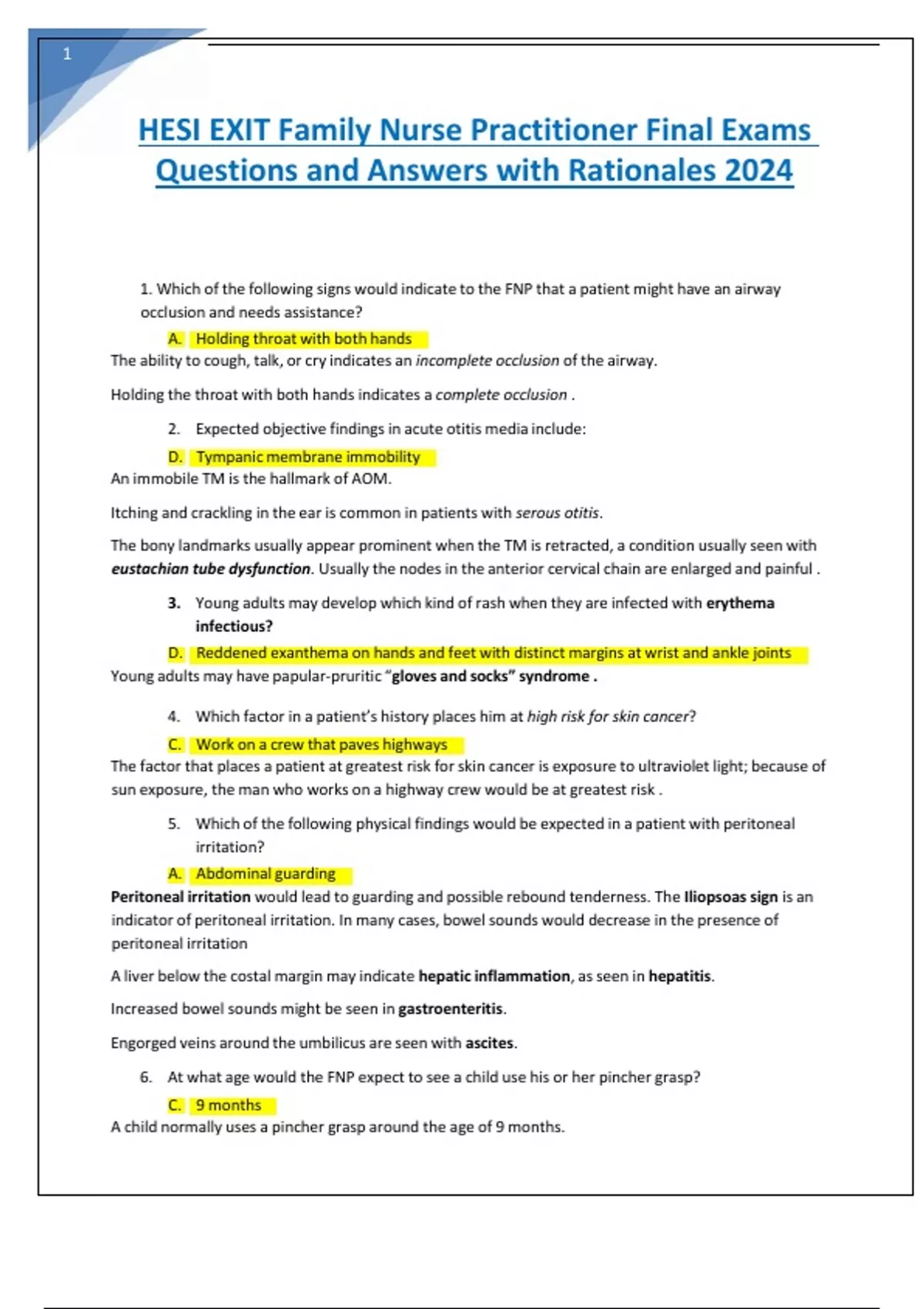 HESI EXIT Family Nurse Practitioner Final Exams Questions and Answers ...