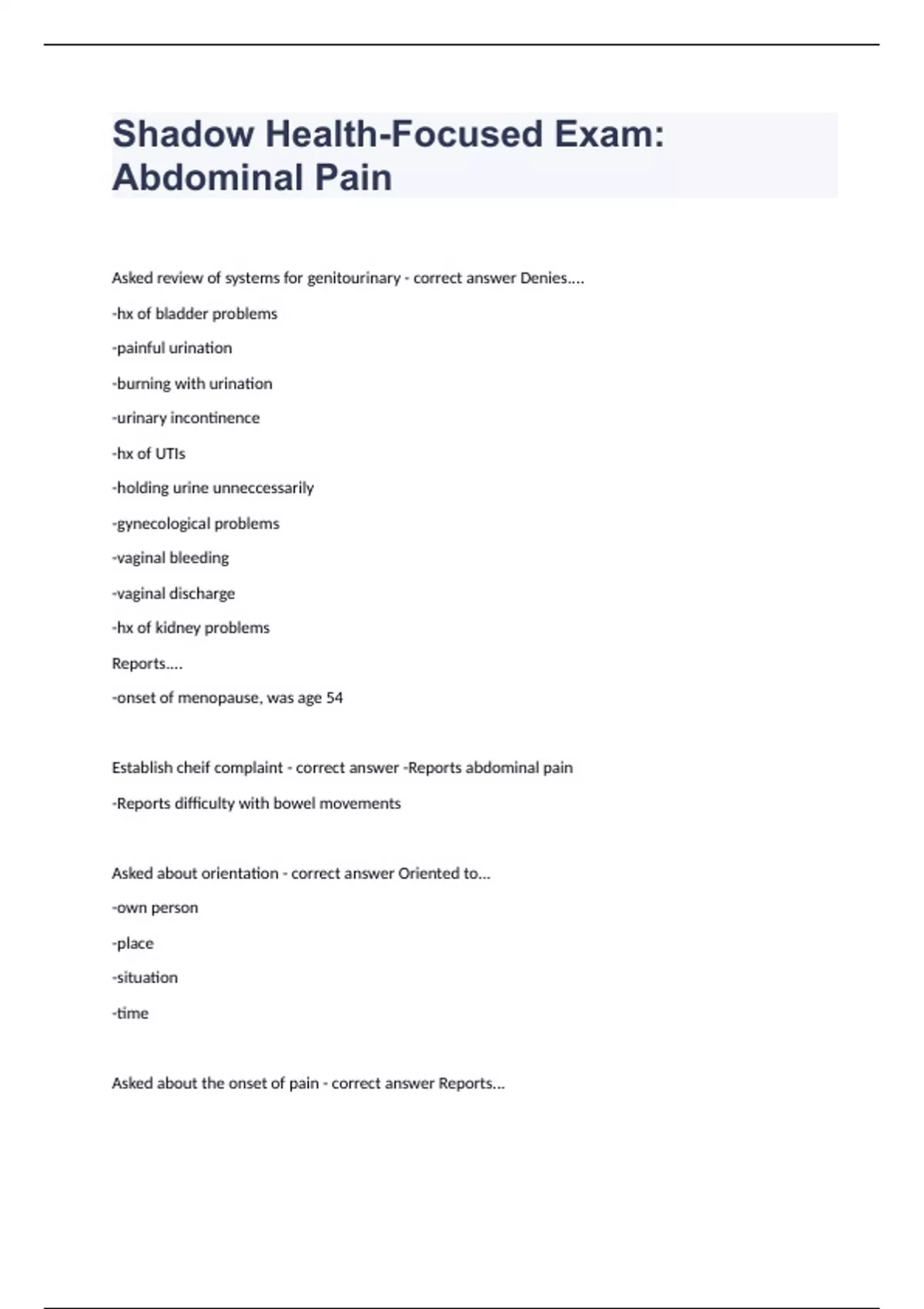 Shadow Health-Focused Exam Abdominal Pain Correctly Answered Questions ...