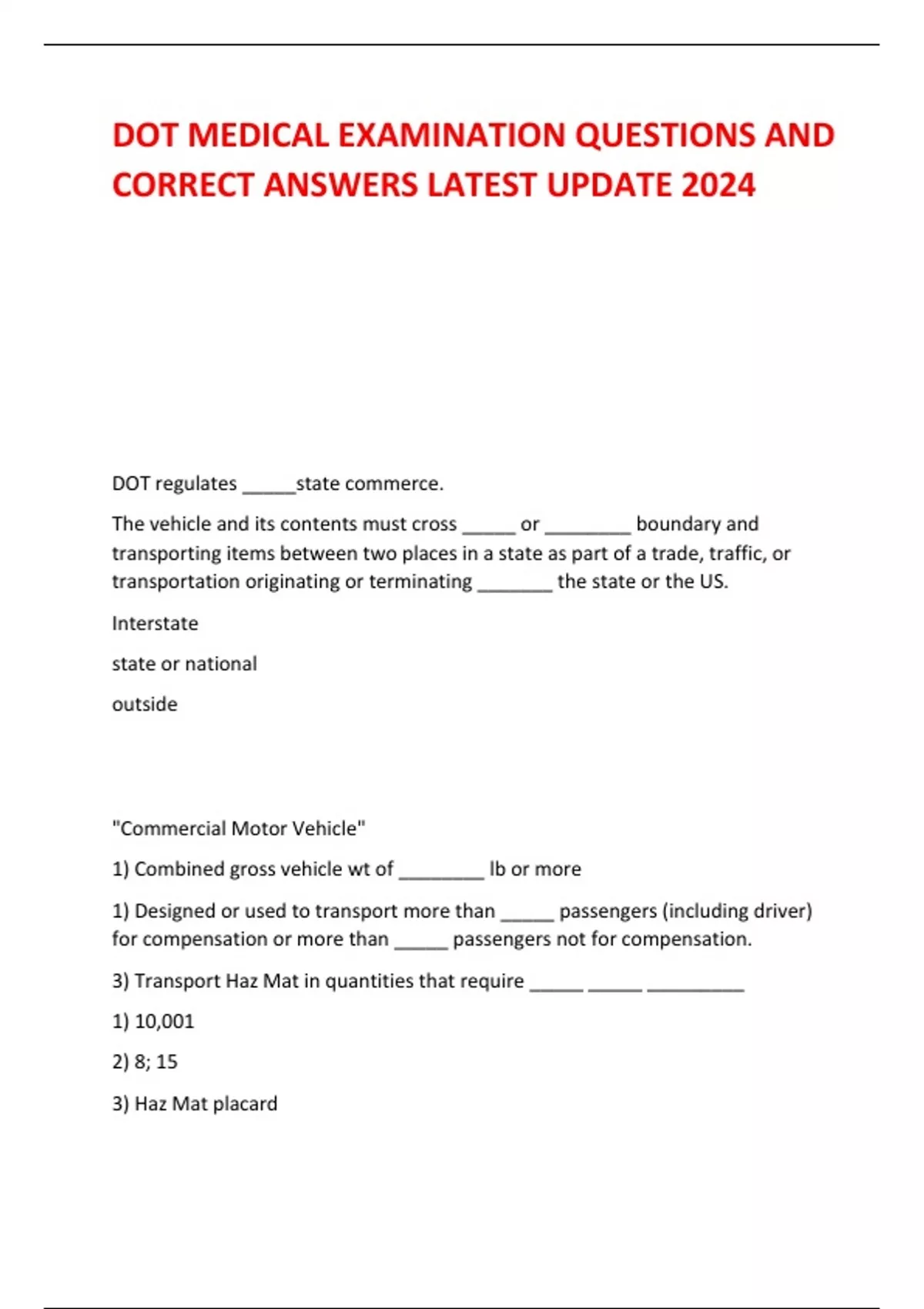 DOT MEDICAL EXAMINATION QUESTIONS AND CORRECT ANSWERS LATEST UPDATE ...