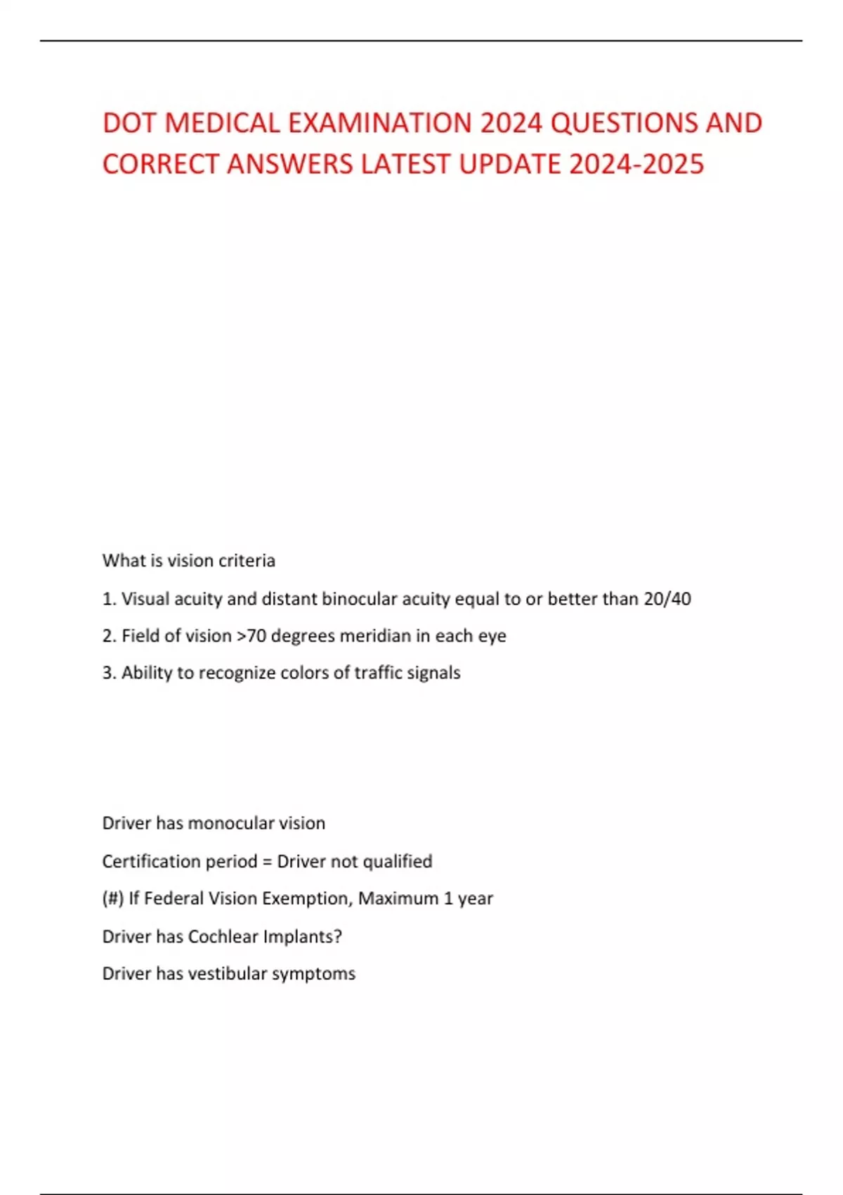 DOT MEDICAL EXAMINATION 2024 QUESTIONS AND CORRECT ANSWERS LATEST ...