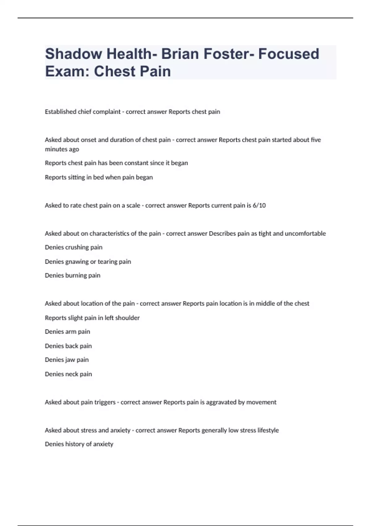 Shadow Health- Brian Foster- Focused Exam Chest Pain Questions ...