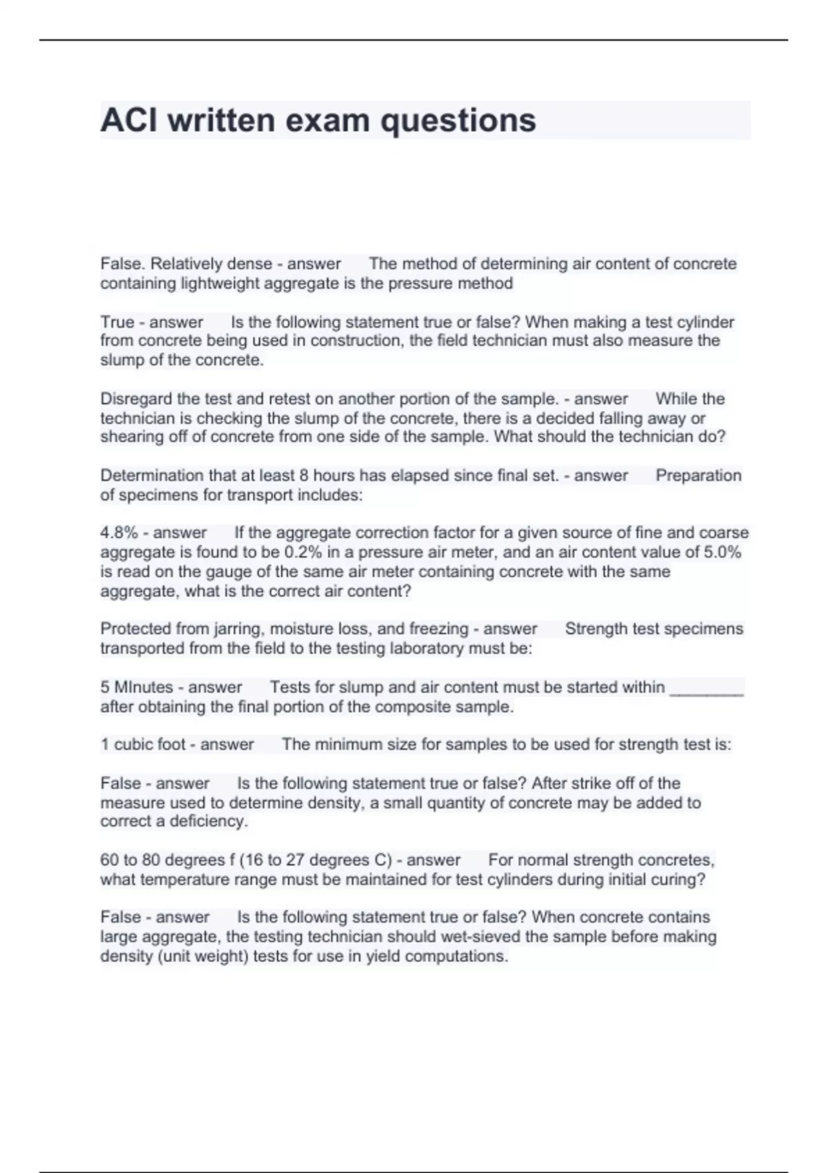 ACI written exam questions with correct Answers 2024 - ACI - Stuvia US