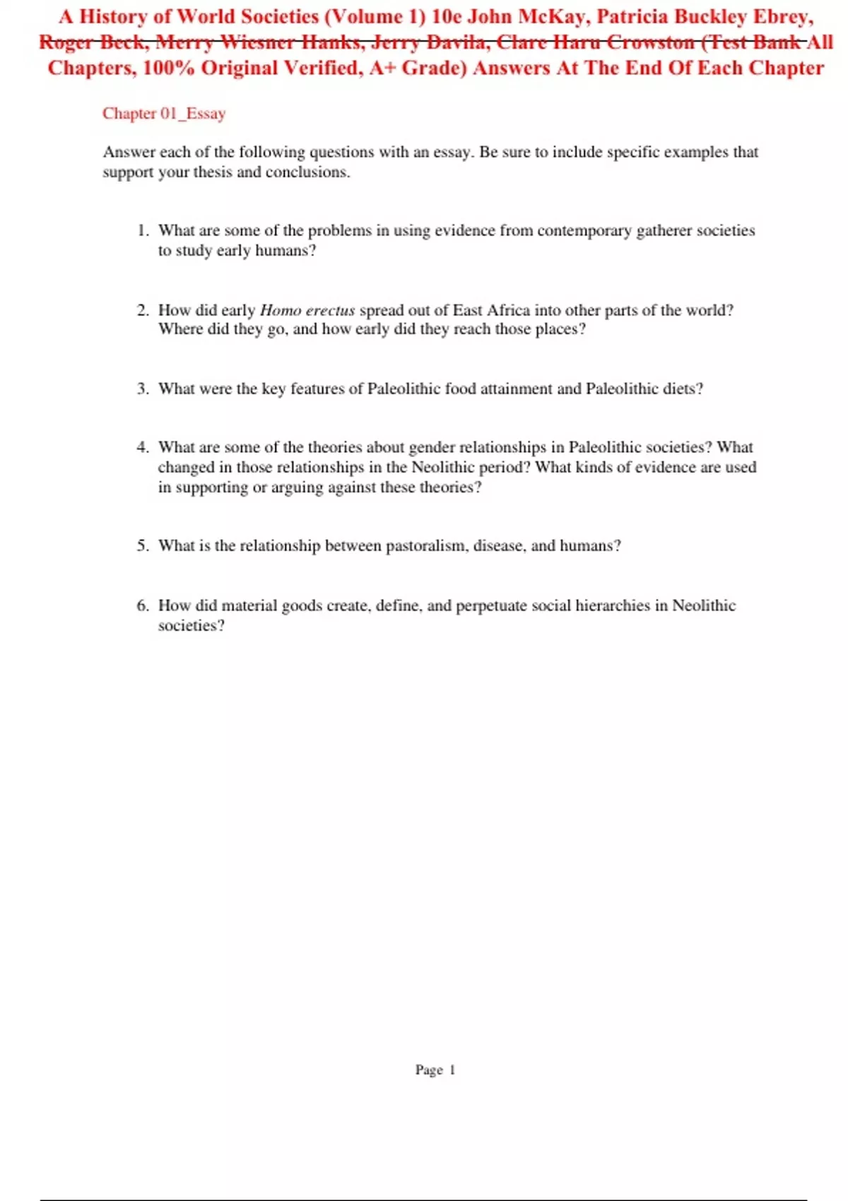 Test Bank for A History of World Societies (Volume 1) 10th Edition By ...