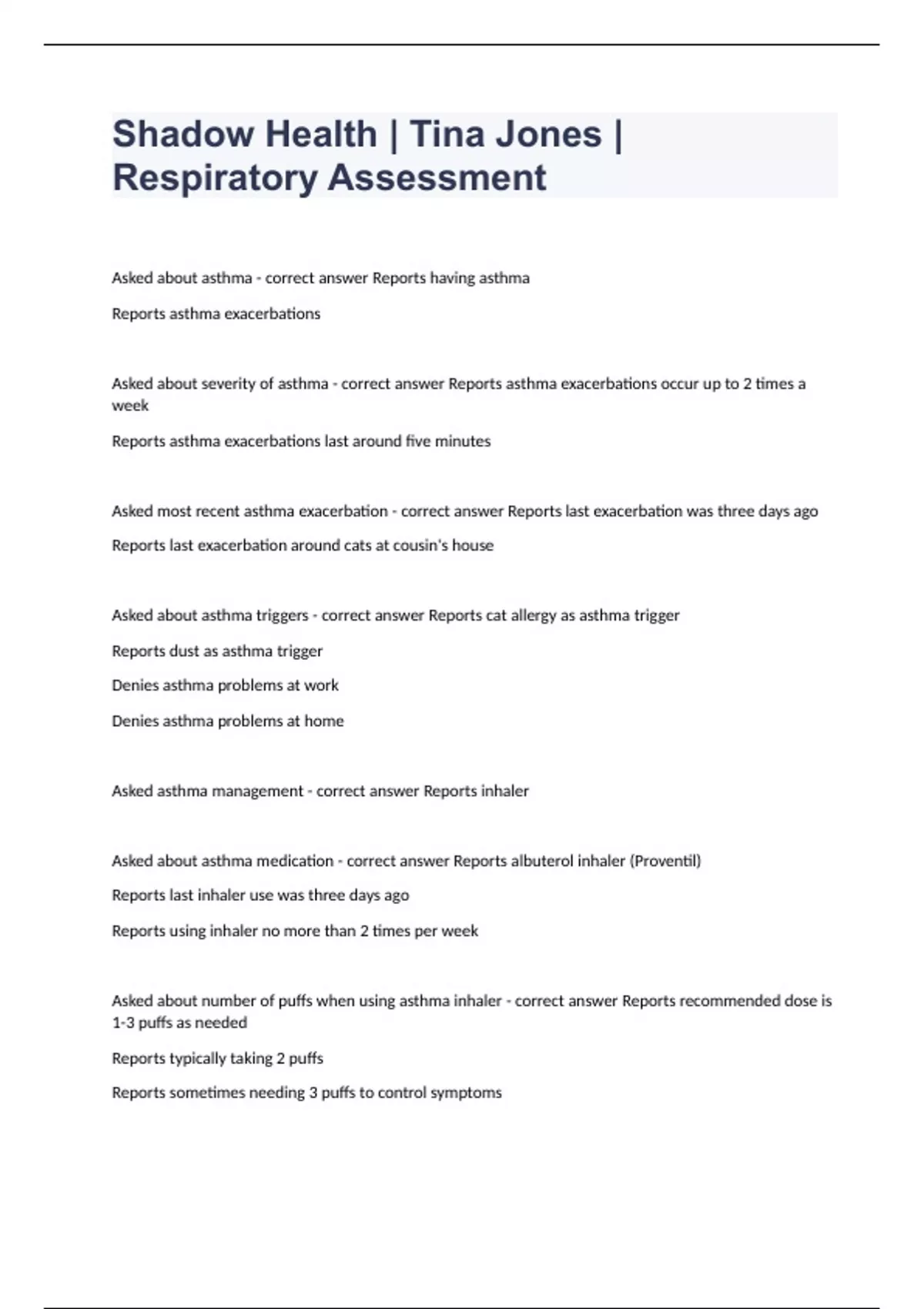 Shadow Health Tina Jones Respiratory Assessment Review Study Questions ...