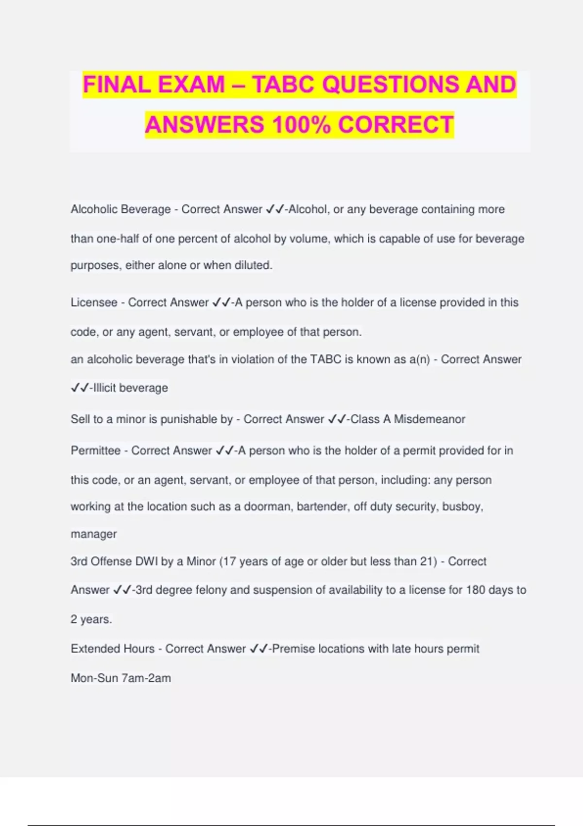 FINAL EXAM – TABC QUESTIONS AND ANSWERS 100% CORRECT - Tabc - Stuvia US