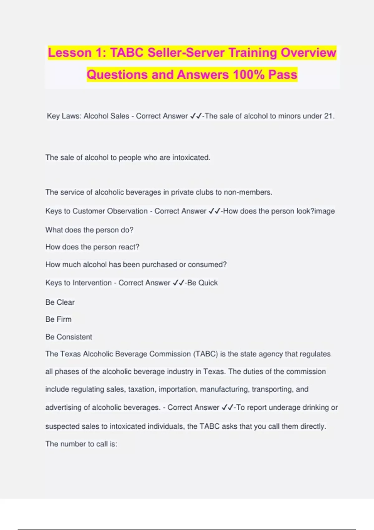 Lesson 1: TABC Seller-Server Training Overview Questions and Answers 100% Pass - Tabc - Stuvia US