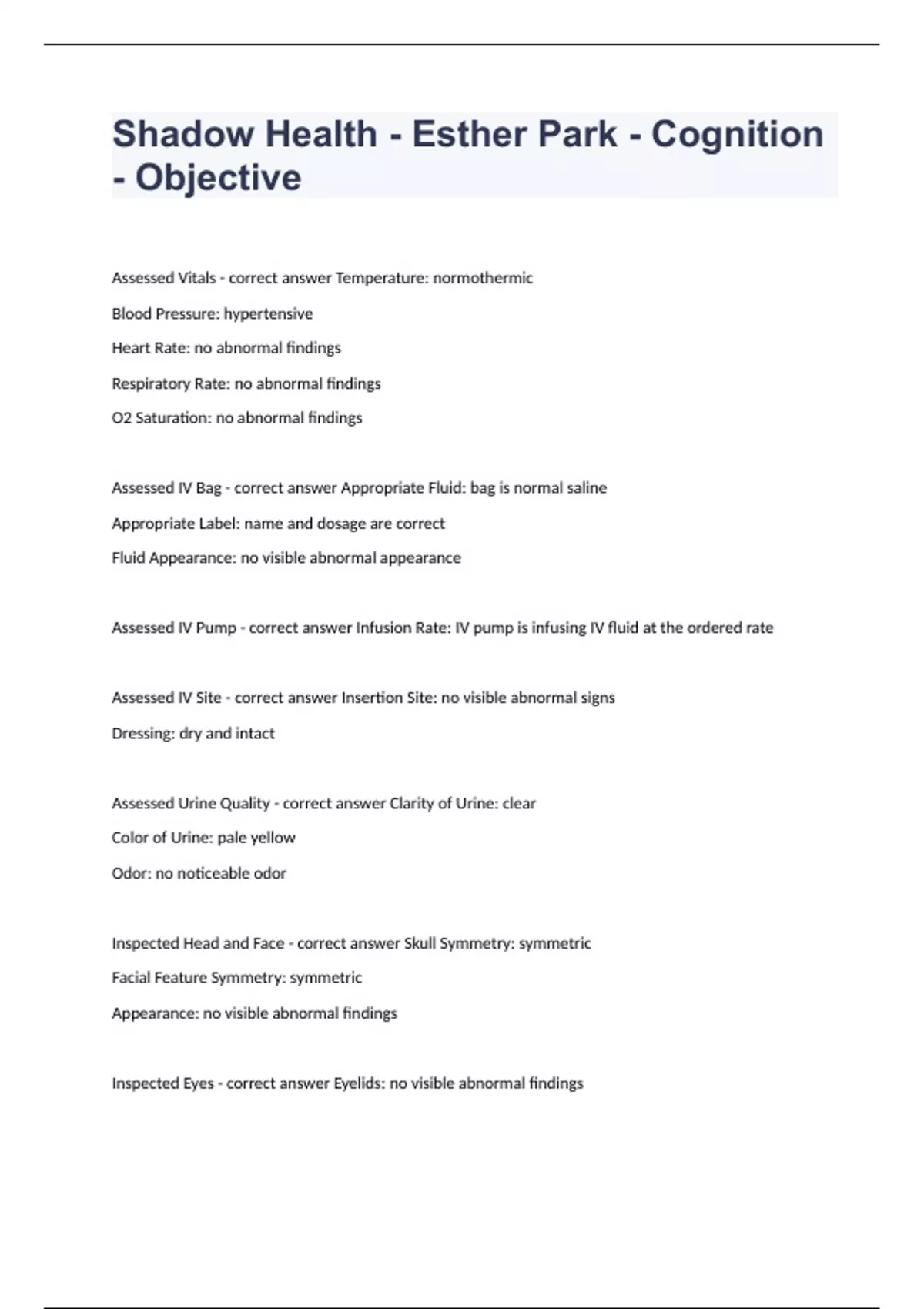 Shadow Health - Esther Park - Cognition - Objective Questions Correctly ...