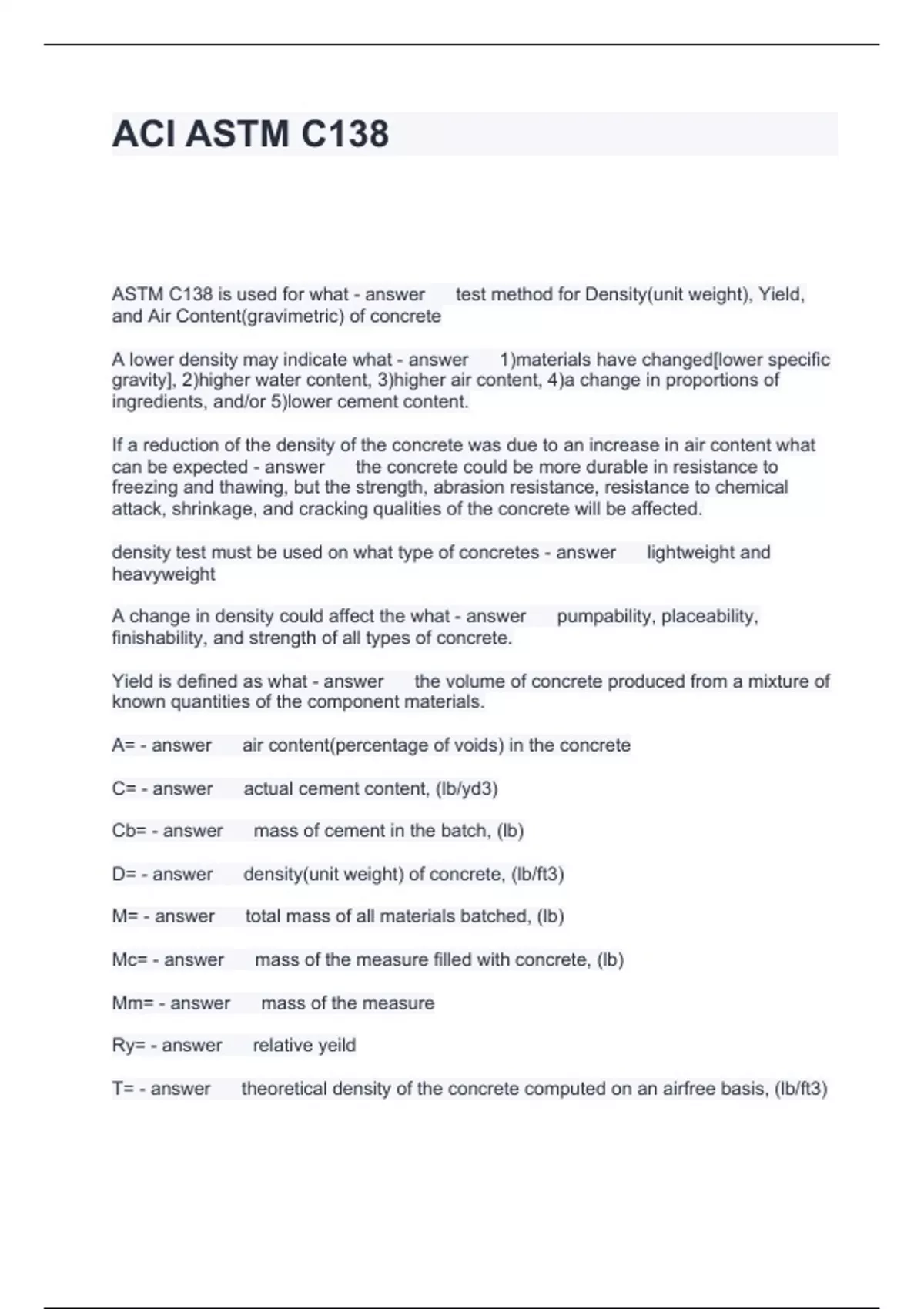 ACI ASTM C138 QUESTIONS AND ANSWERS LATEST UPDATED - ACI - Stuvia US