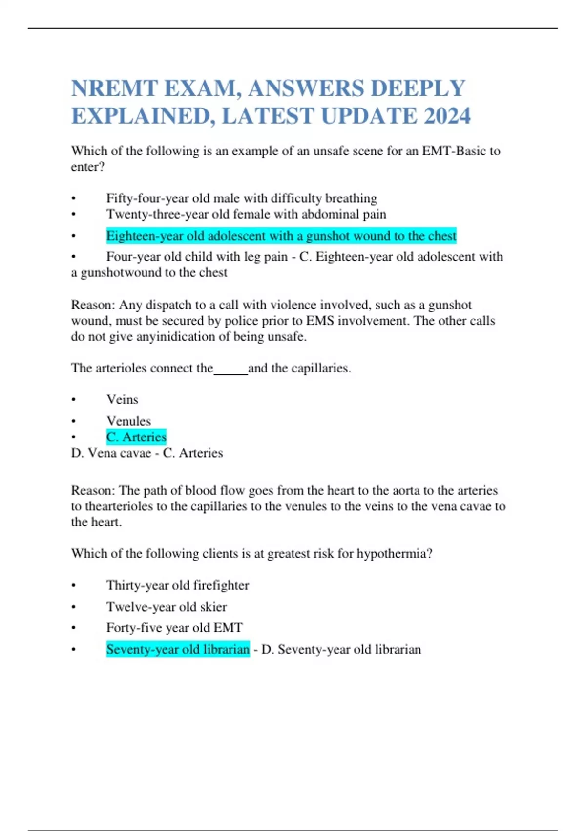 NREMT EXAM, ANSWERS DEEPLY EXPLAINED, LATEST UPDATE 2024 - NREMT ...