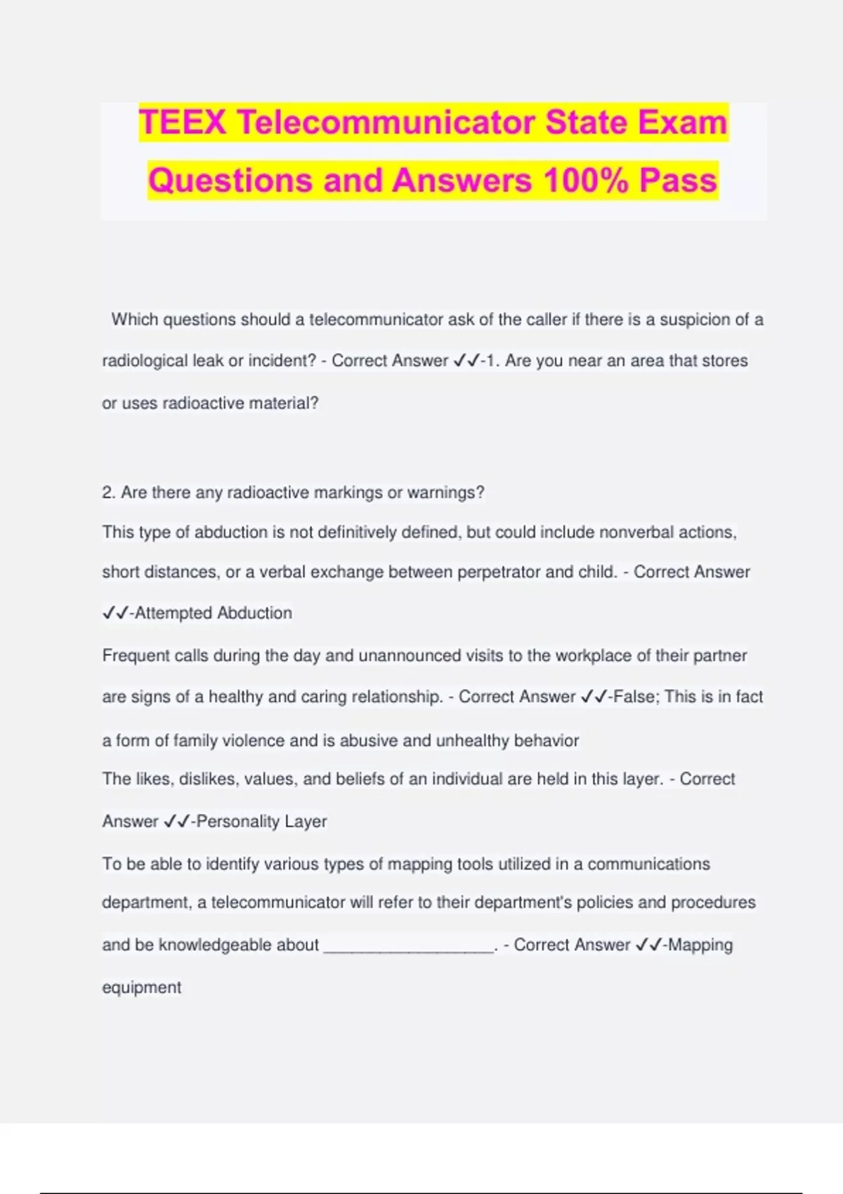 TEEX Telecommunicator State Exam Questions and Answers 100% Pass - Teex ...