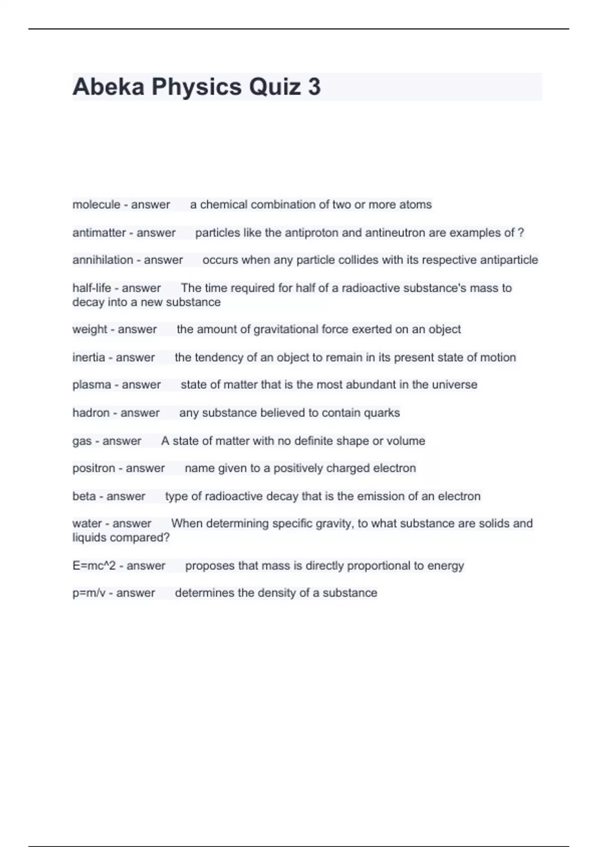 Abeka Physics Quiz 3 Questions and Answers 2024 - ABEKA - Stuvia US