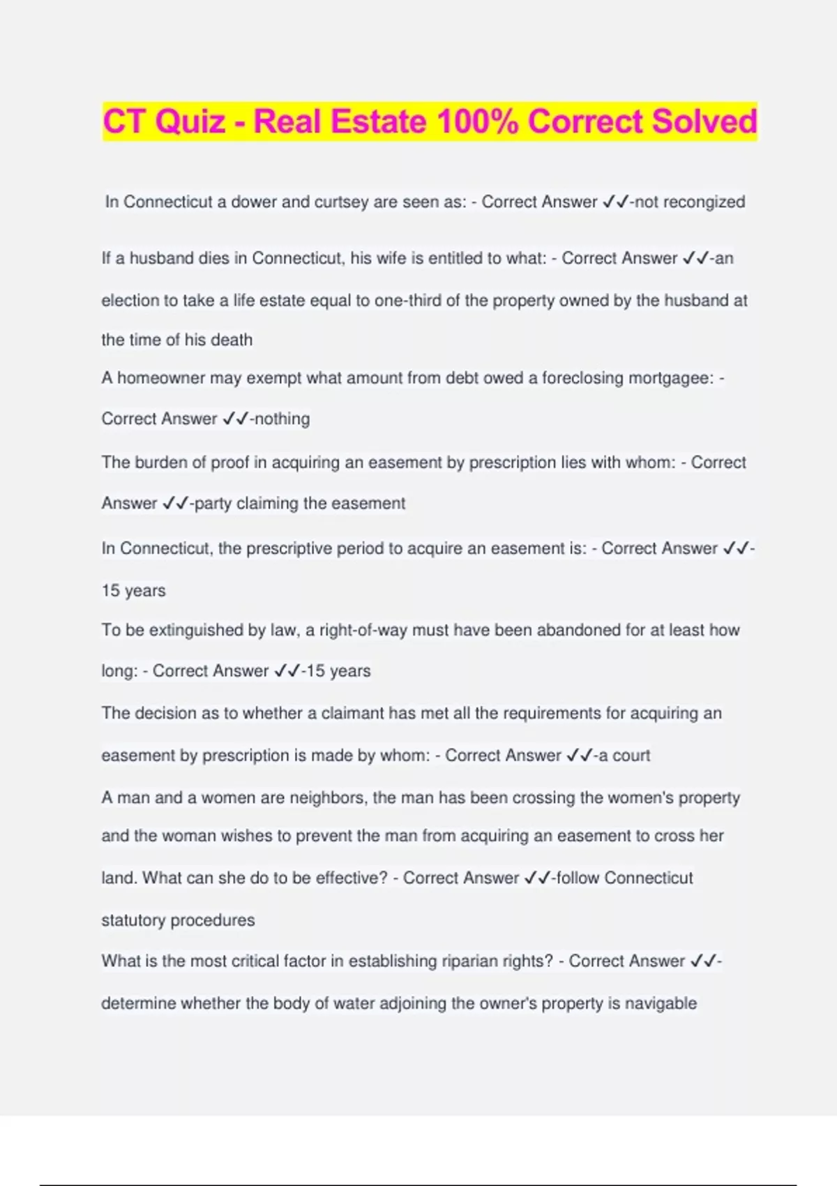 CT Quiz - Real Estate 100% Correct Solved - CT Real Estate - Stuvia US