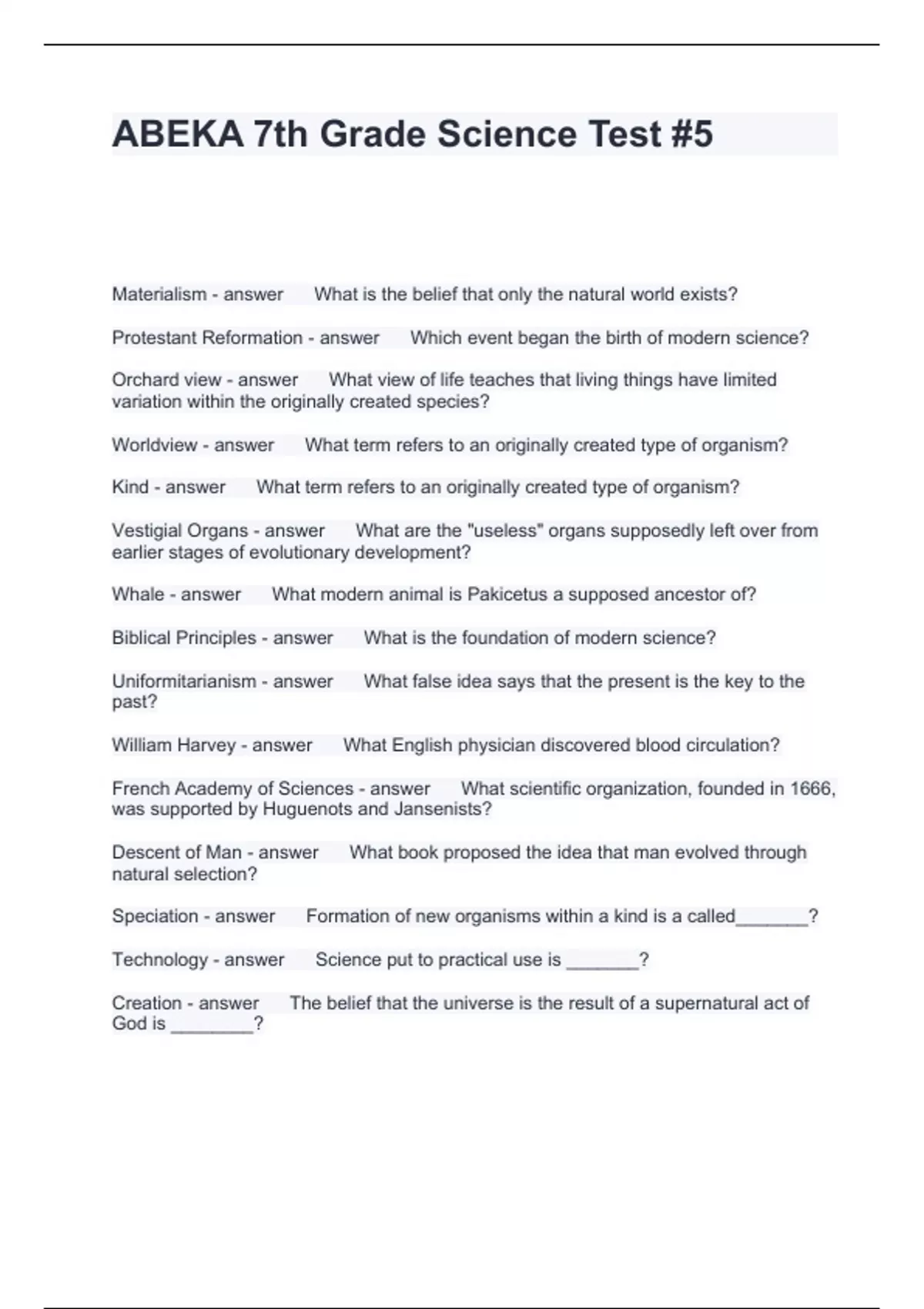 ABEKA 7th Grade Science Test #5 Questions and Answers 100% correct ...